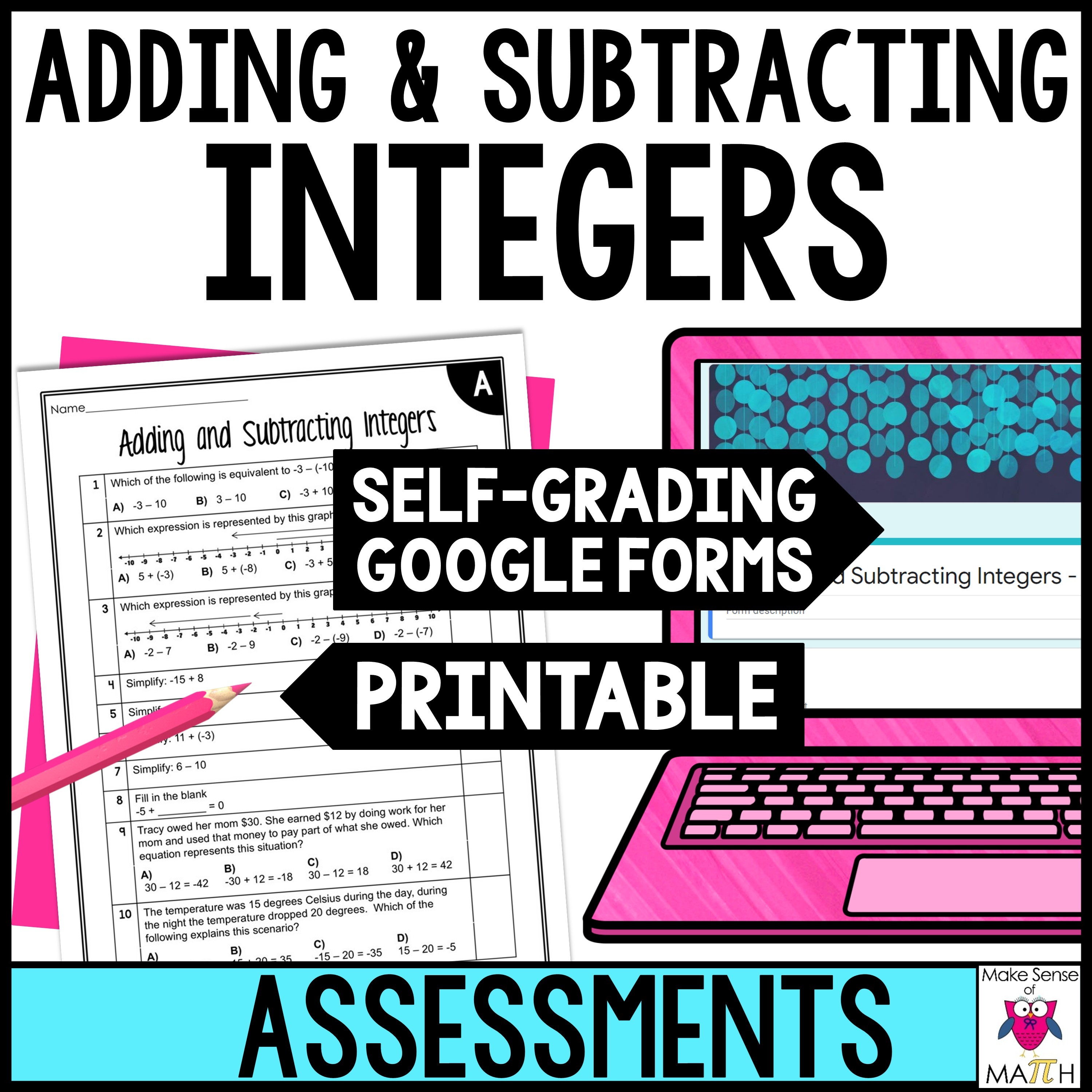 Adding and Subtracting Integers Assessments Google Slides & Printable