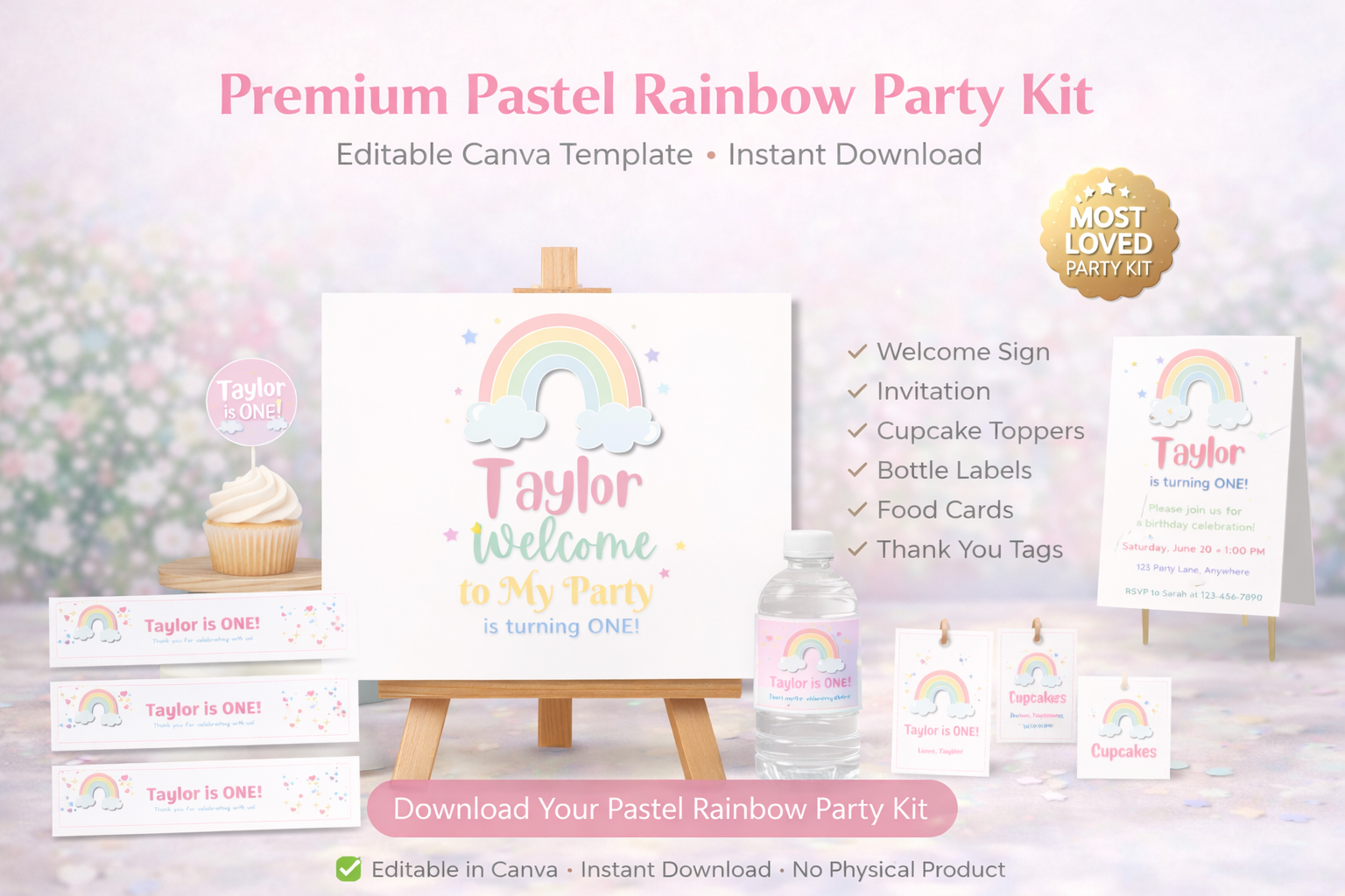 Pastel Rainbow Party Kit | Editable Canva Birthday Decorations ...