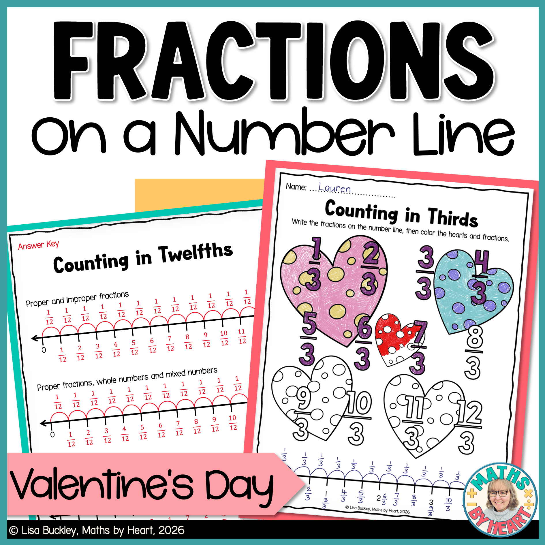 Valentines Day Fractions on a Number Line Worksheets & Coloring ...