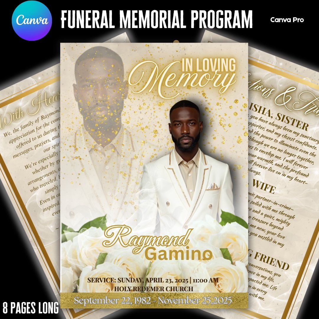 White Gold Roses Funeral Program Template: 8-Page Memorial (Canva PDF ...