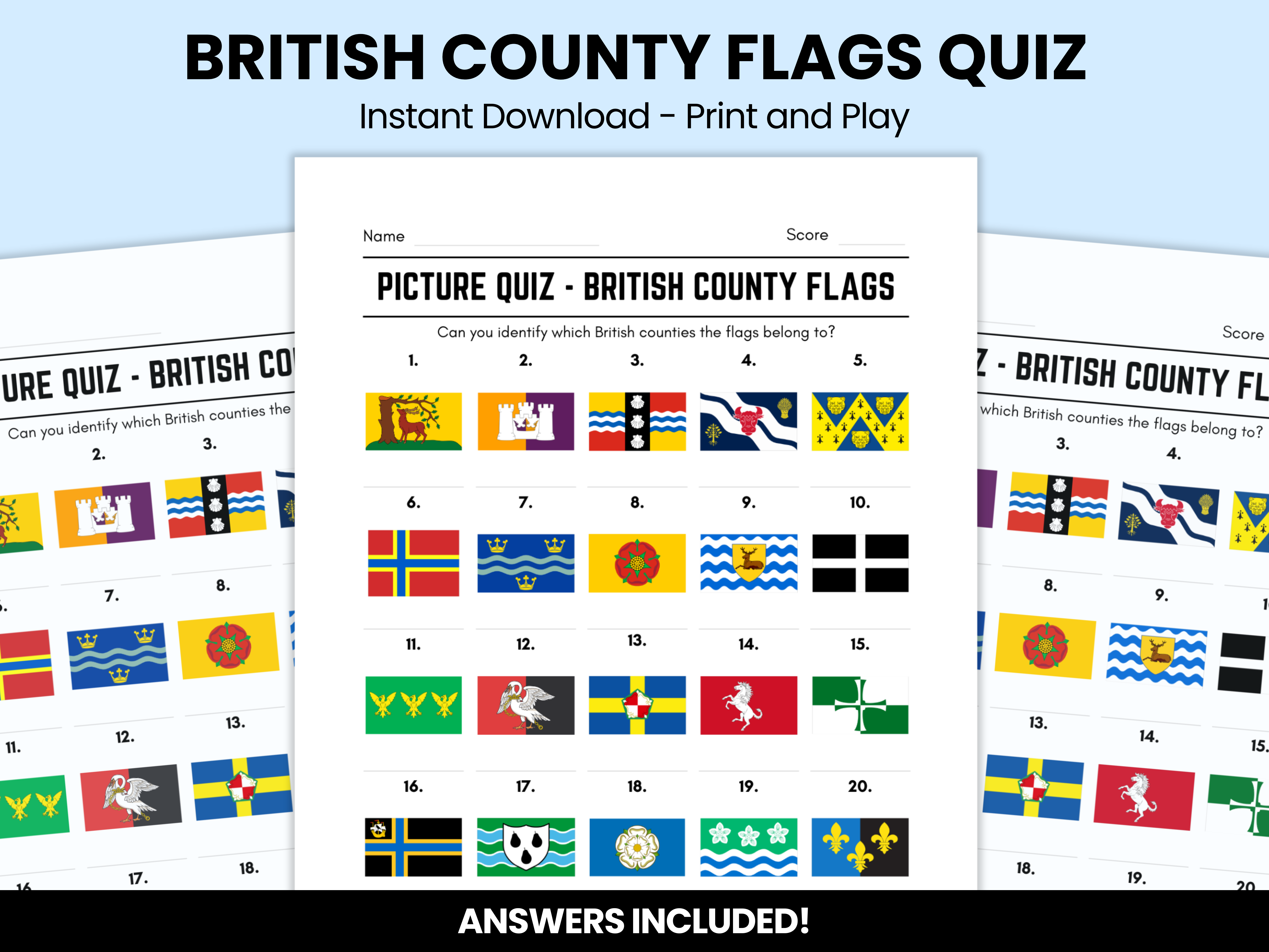 British County Flags Picture Quiz With Answers – Instant Download