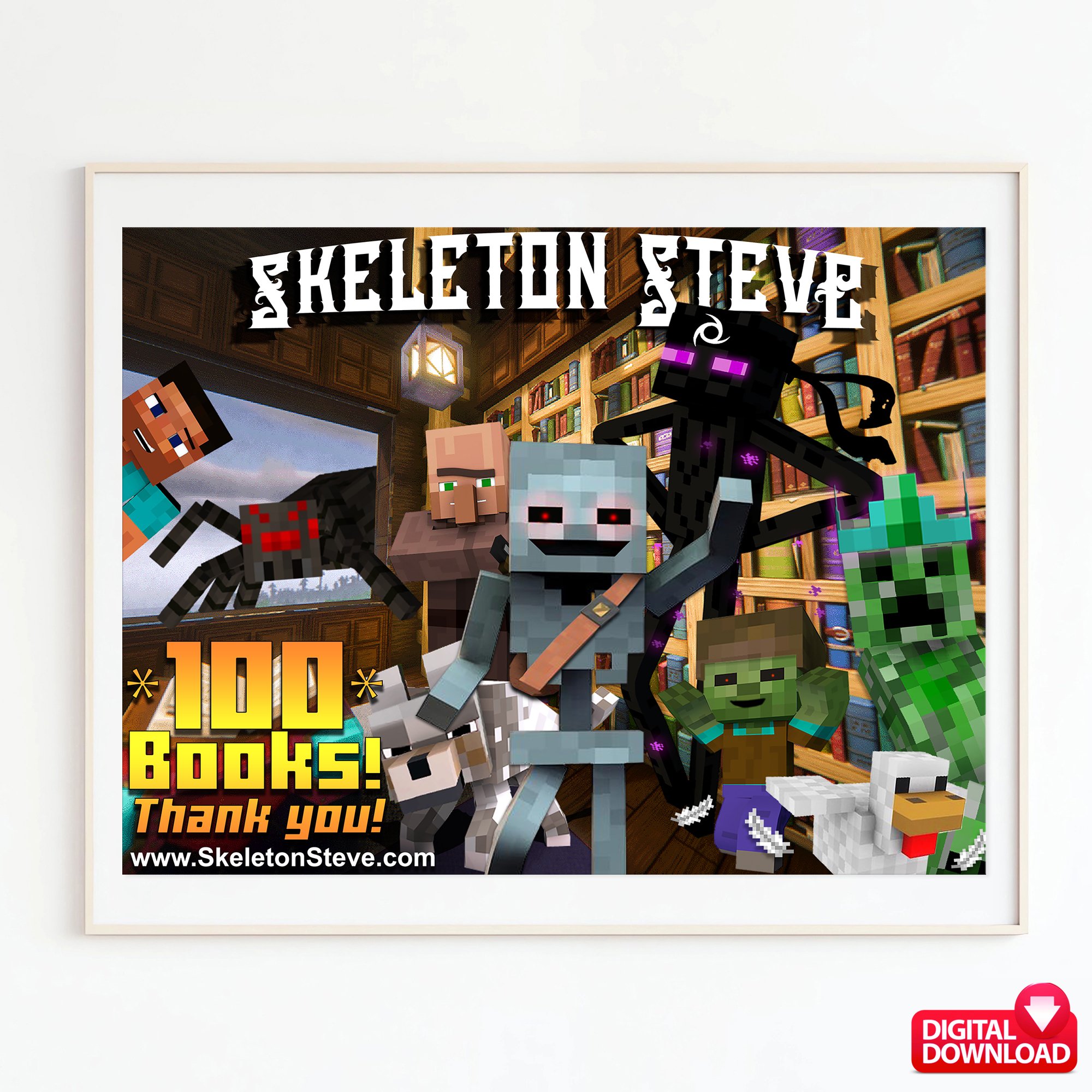 Skeleton Steve 100 Books Minecraft Poster Printable | Gaming Wall Art ...