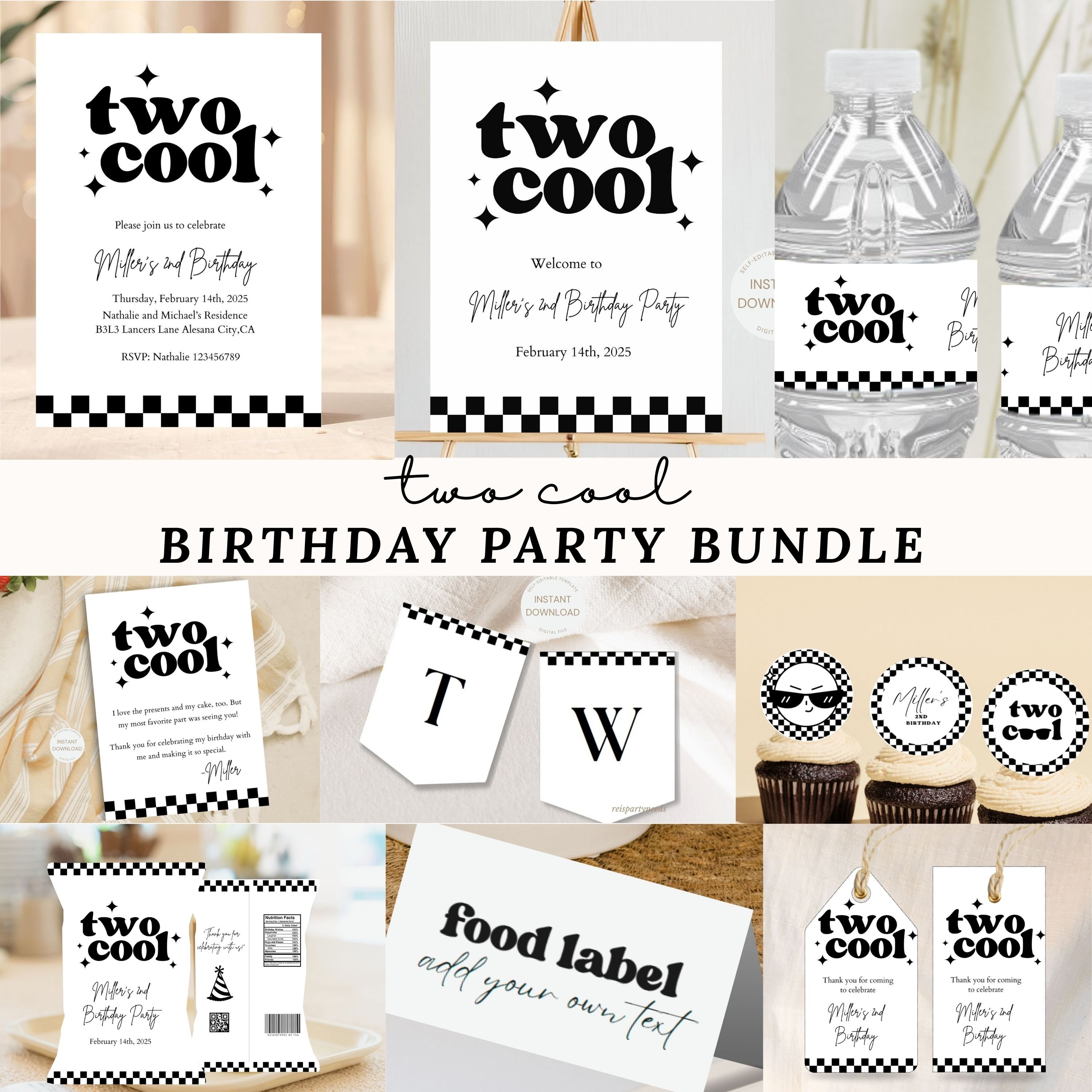 Two Cool Birthday Bundle, Boy 2nd Birthday Party Decorations, Modern ...