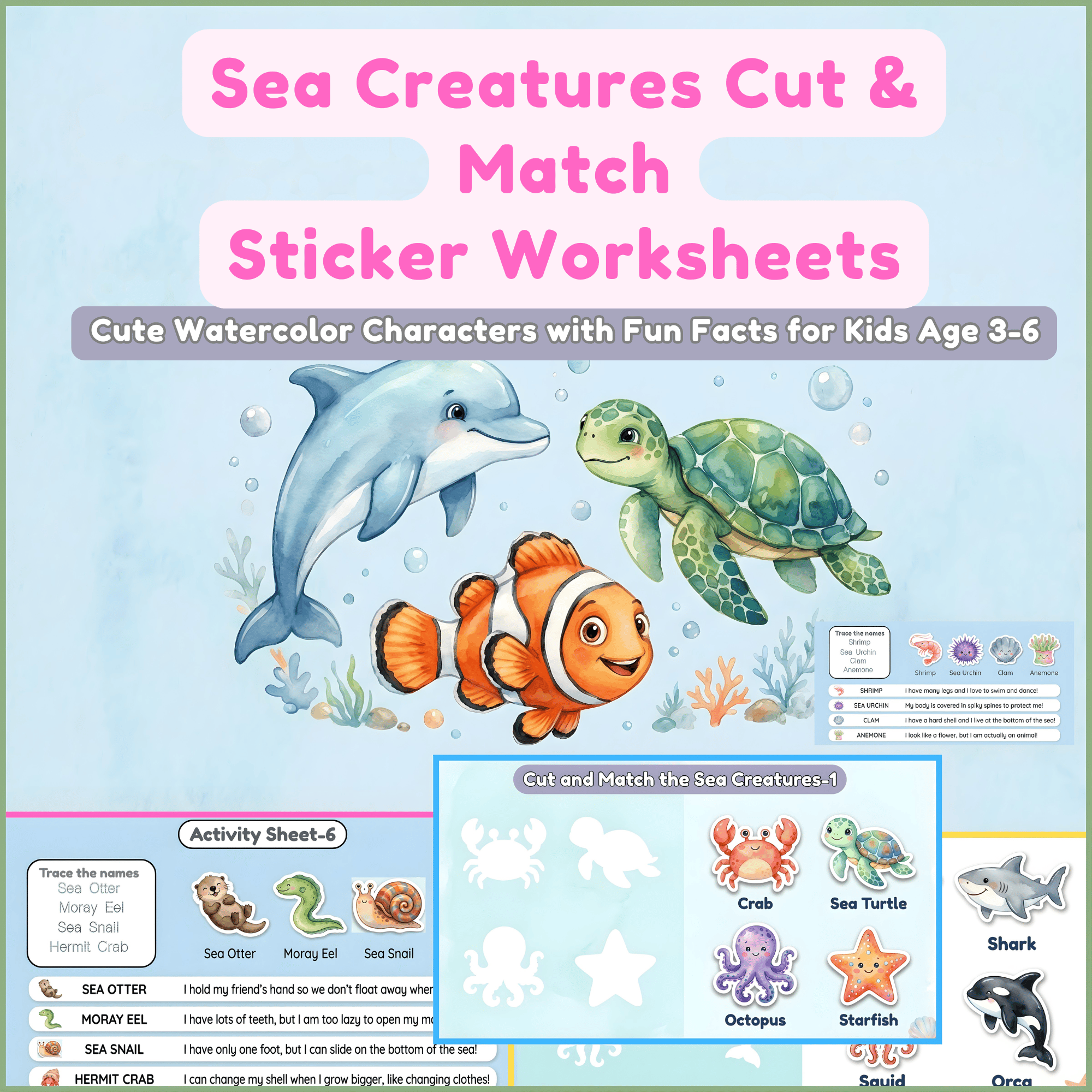 Sea Creatures Cut & Match Sticker Worksheets - Payhip