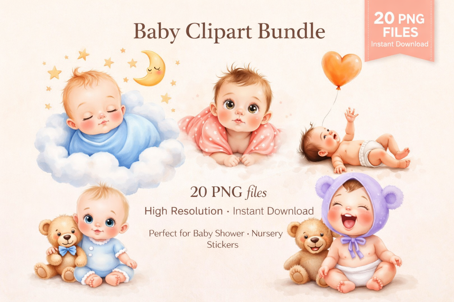 20 Cute Baby Clipart PNG Bundle – Watercolor Baby Graphics for Baby ...