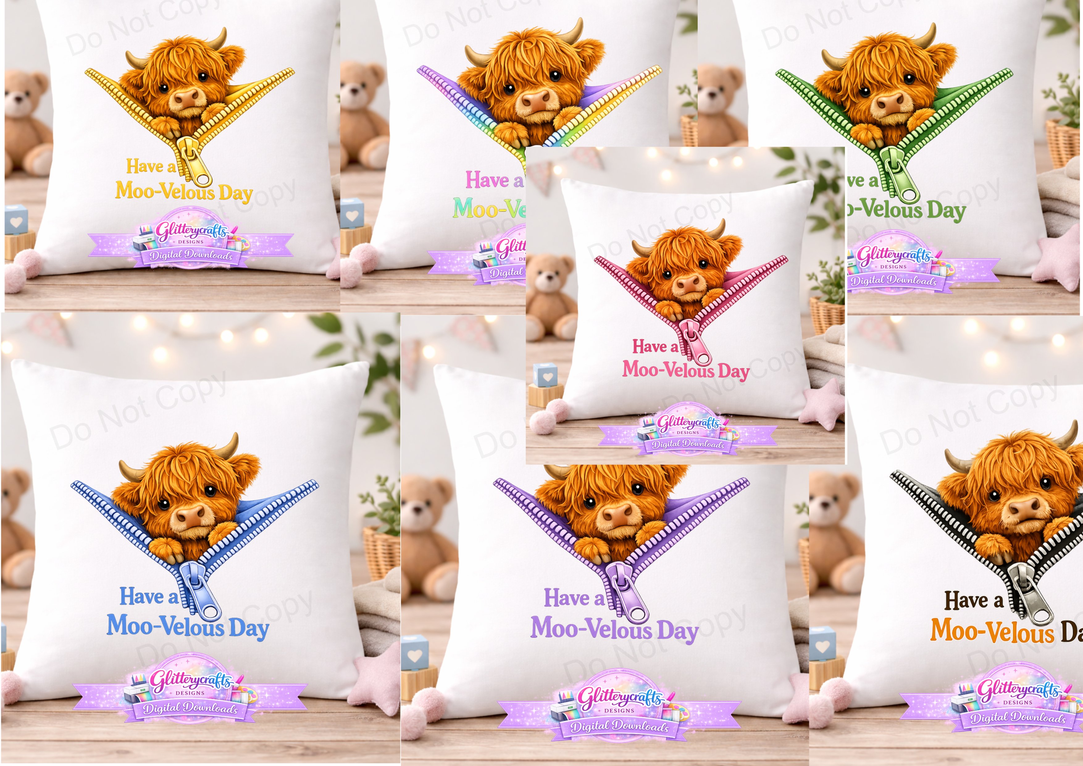 Moo Velous Highland Cows x 7 , also includes x 7 cushion mock ups ...