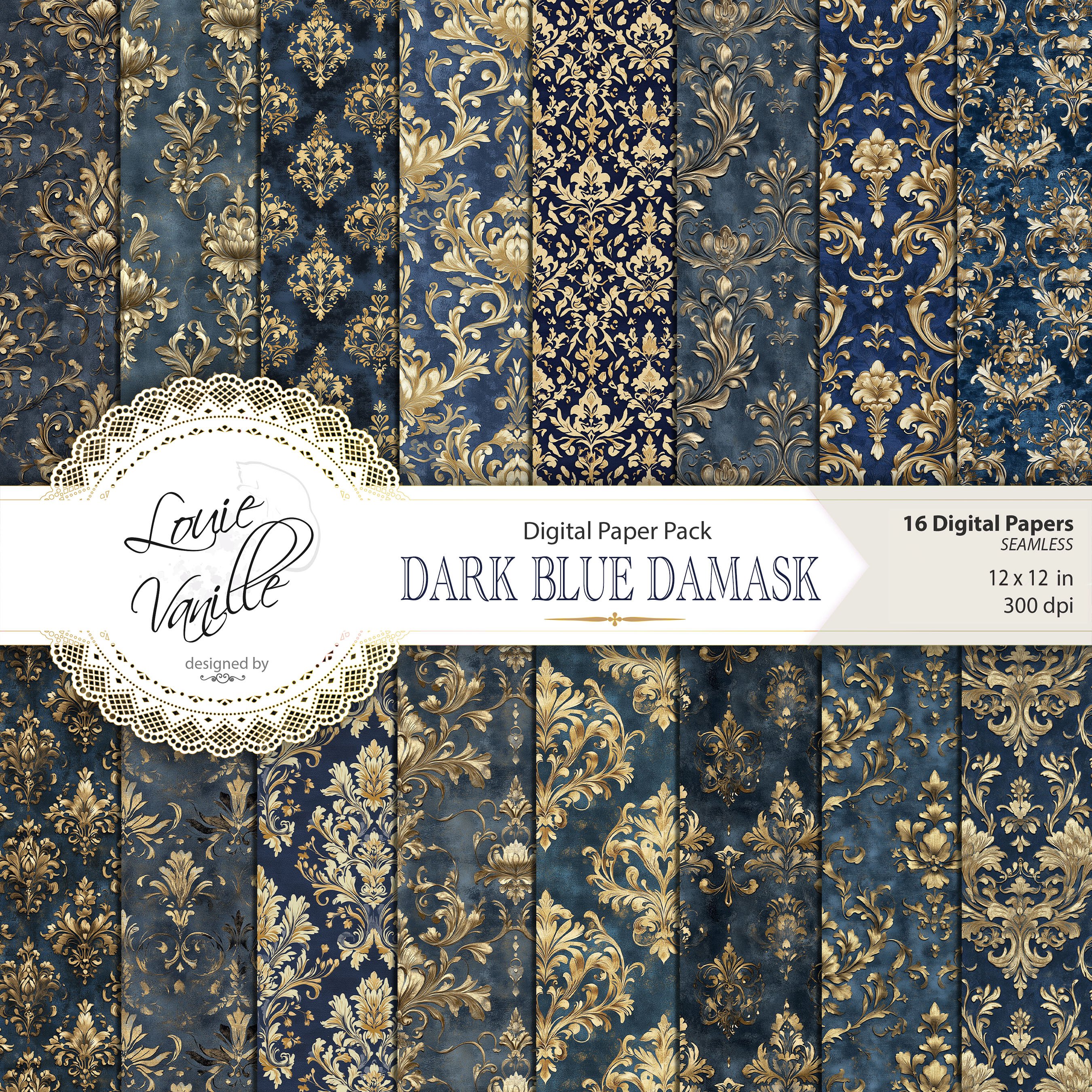 Blue and Gold Damask Digital Paper - Payhip