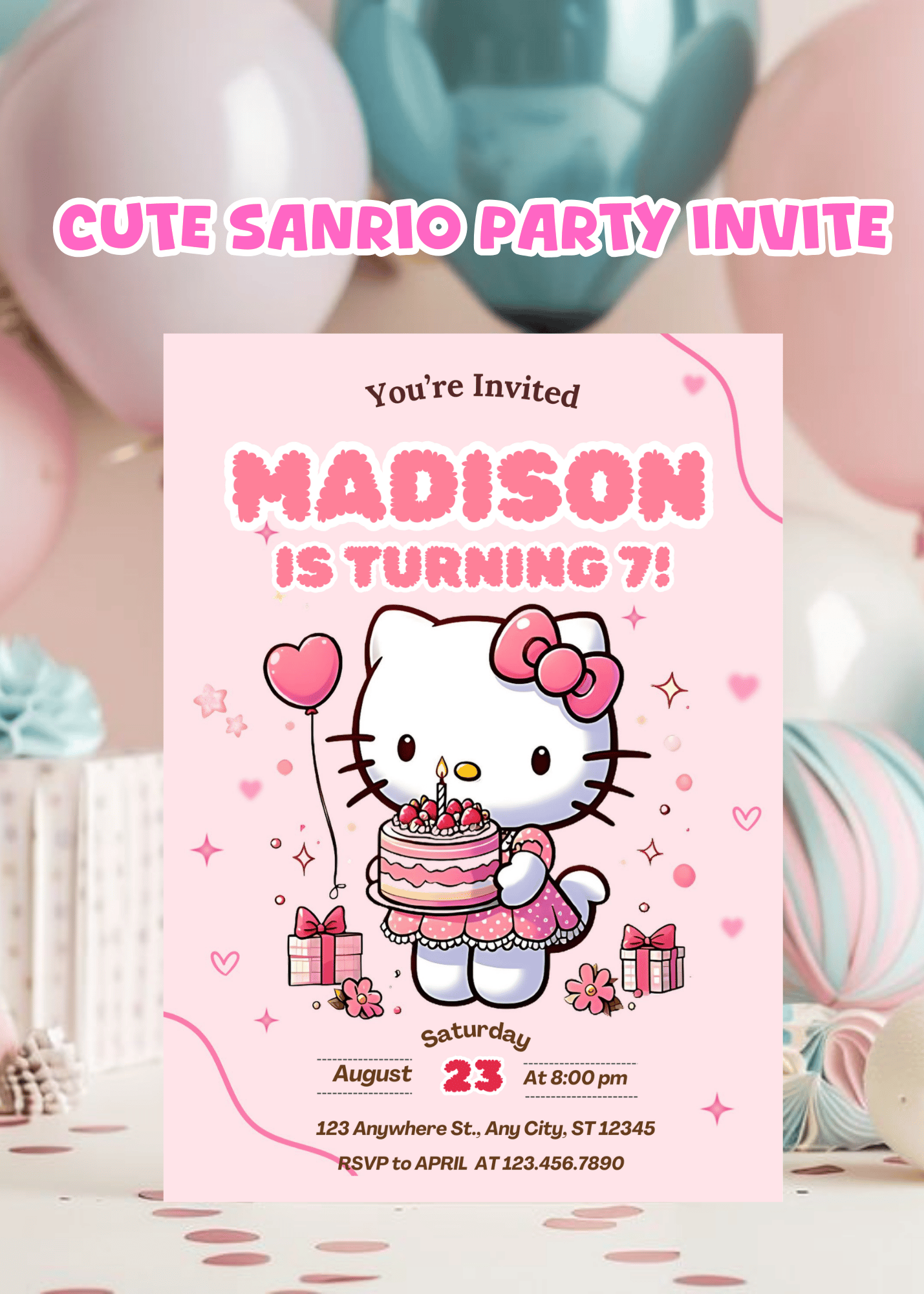 Hello Kitty Birthday Invitation Template | Pink Kawaii Cake Party ...