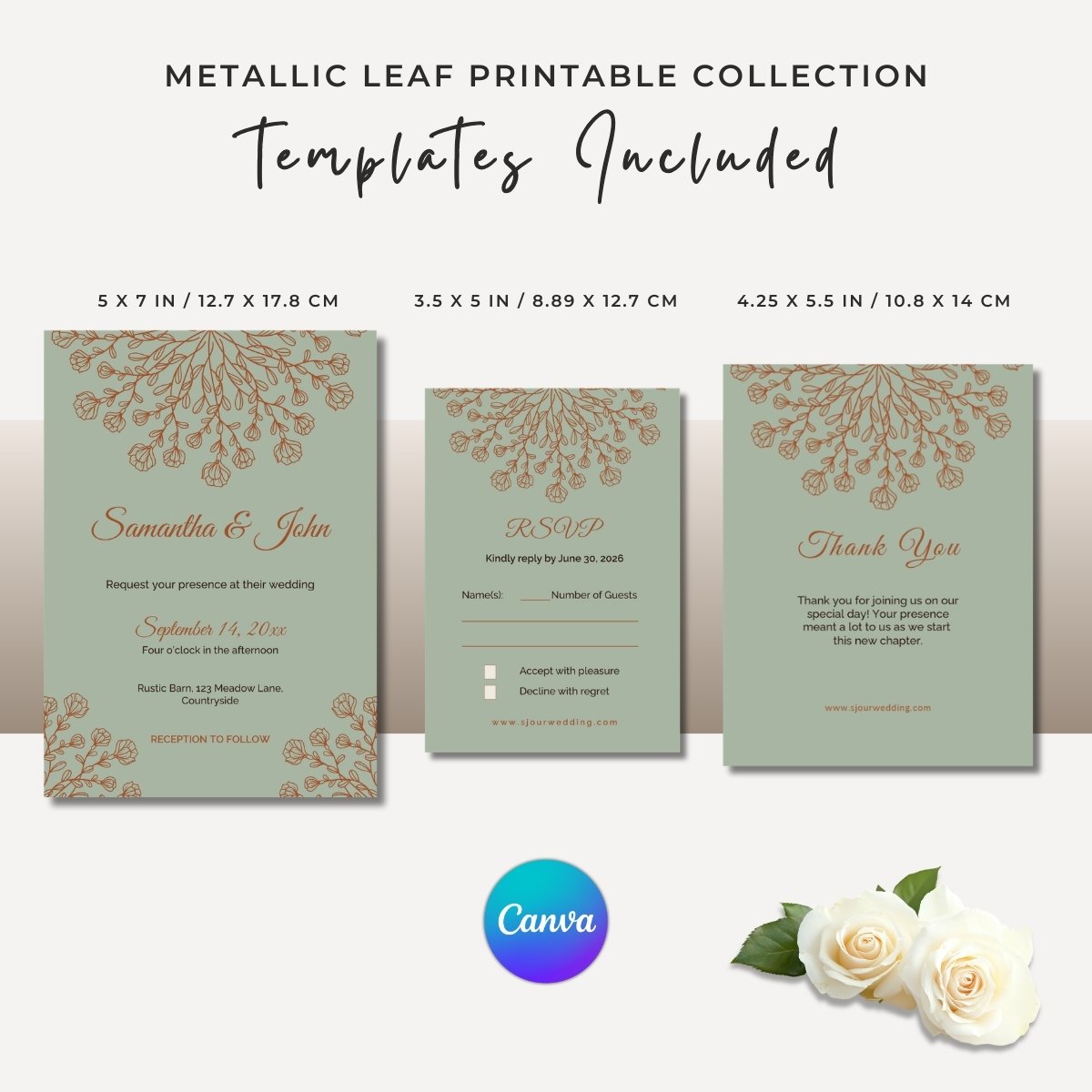 Copper Foil Leaf Printable Wedding Invitation Suite Canva – Metallic ...