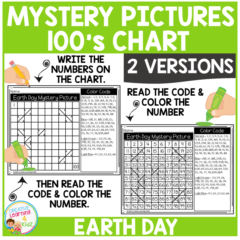 Earth Day 100s Chart Mystery Pictures Fun Color by Number Activity Math ...