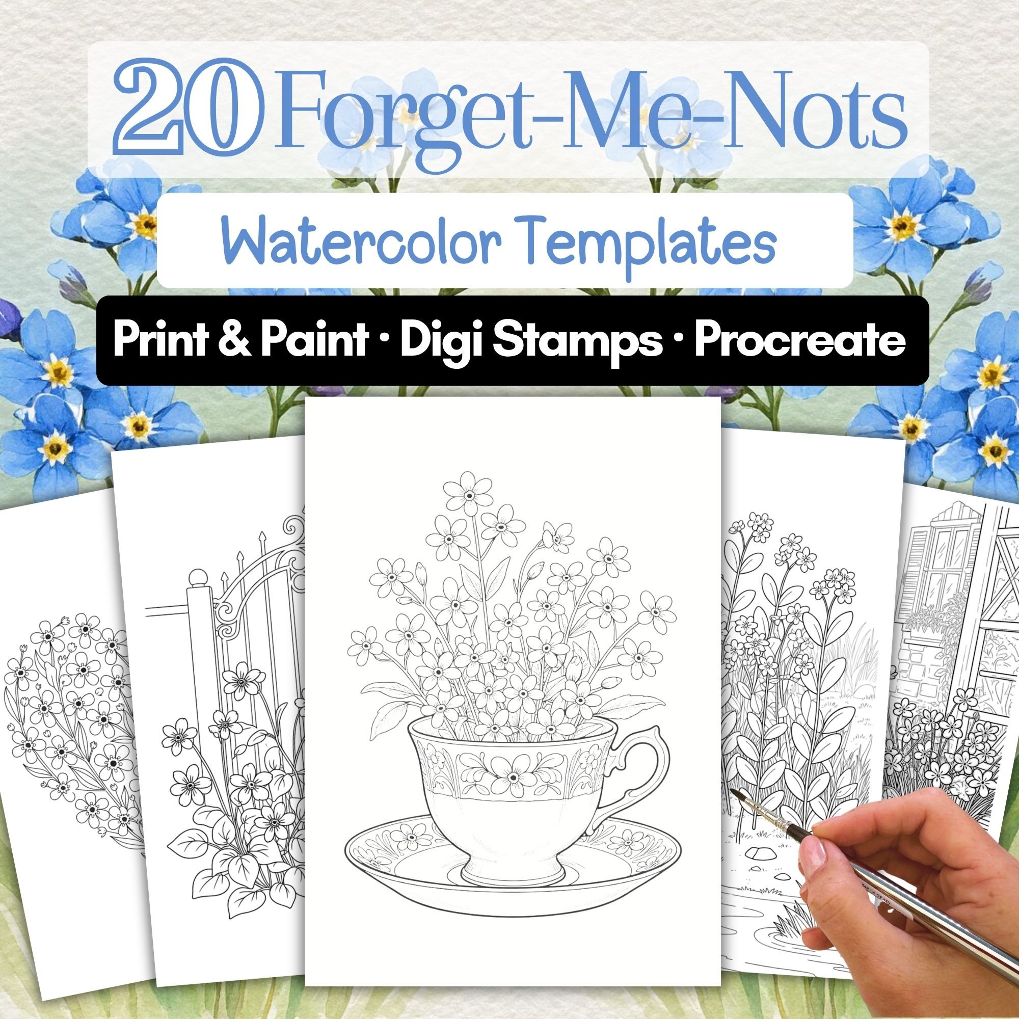 20 Forget-Me-Nots Watercolor Templates & Digi Stamps — Printable Flower ...