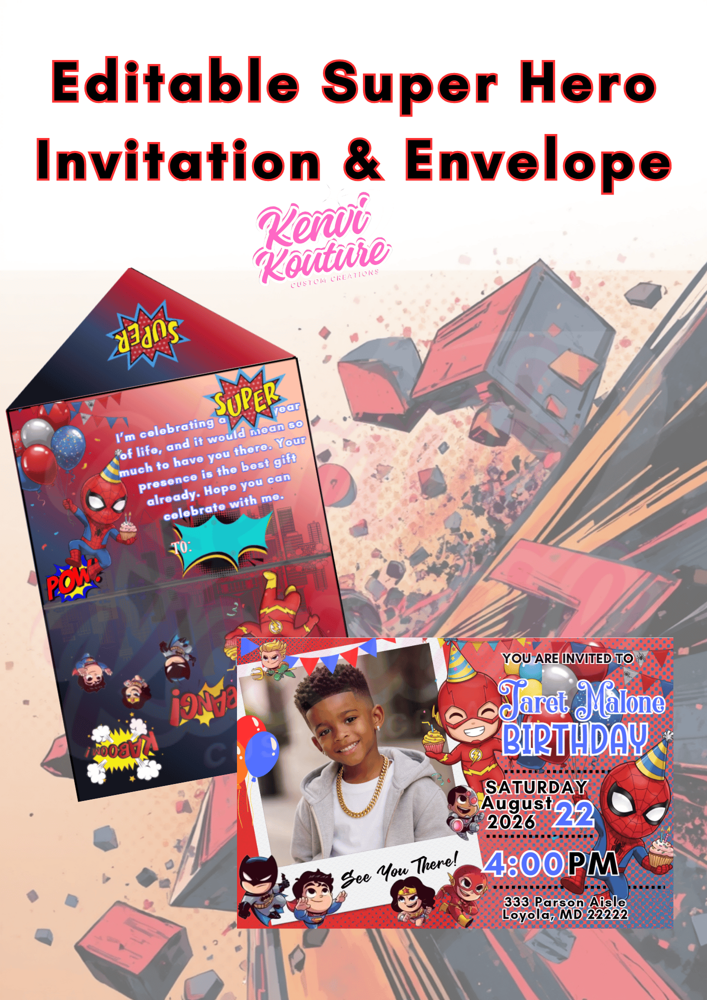 Editable Super Hero Invitation & Envelope - Payhip