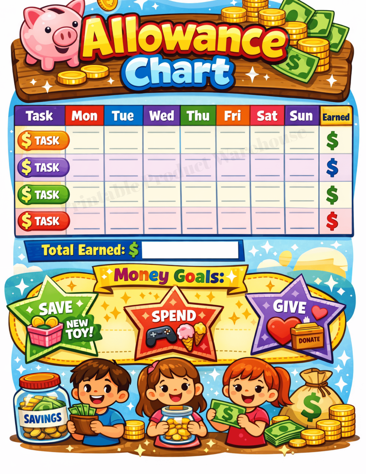 Kids Allowance Chart Printable | Money Tracker for Kids | Weekly ...