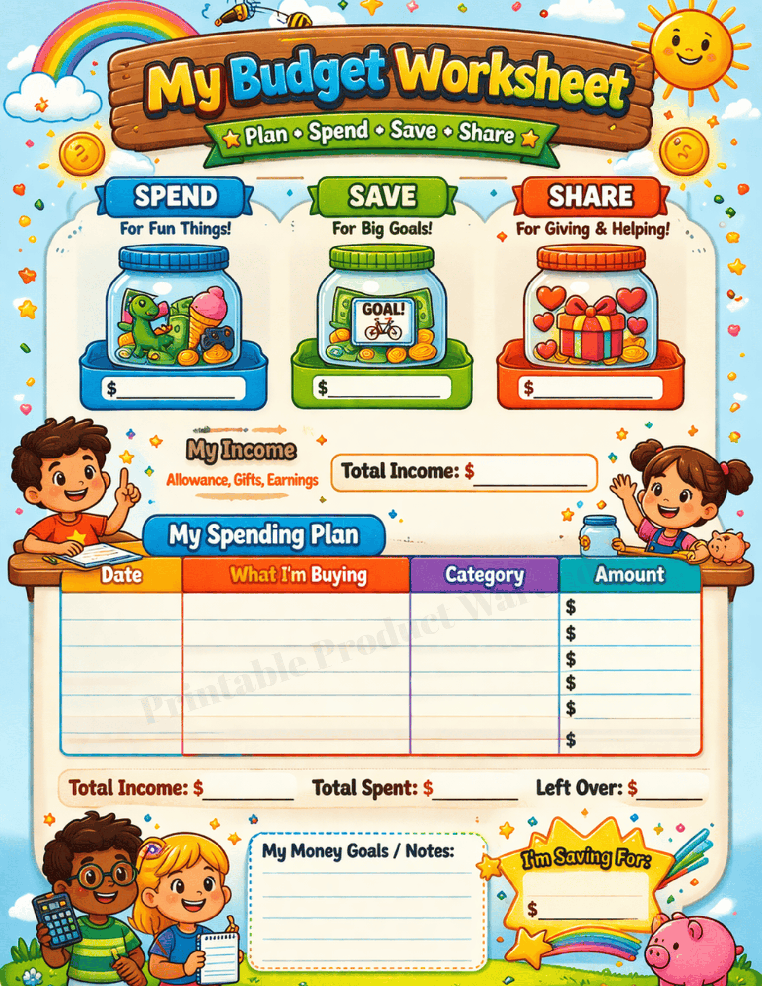 Kids Budget Worksheet Printable | Money Planning Sheet for Kids - Payhip