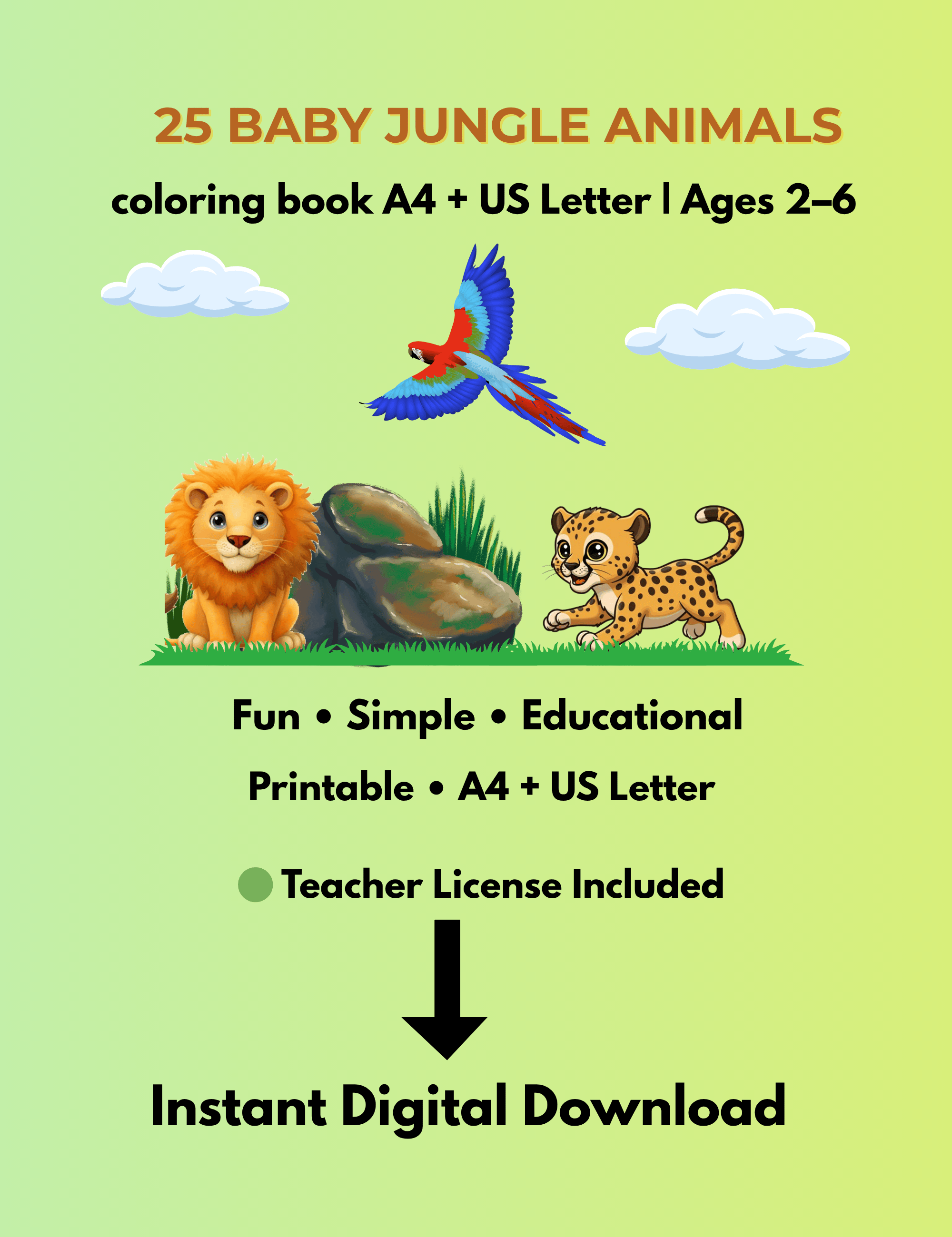 25 Baby Jungle Animals Coloring Book for Kids (A4 US Letter Size ...