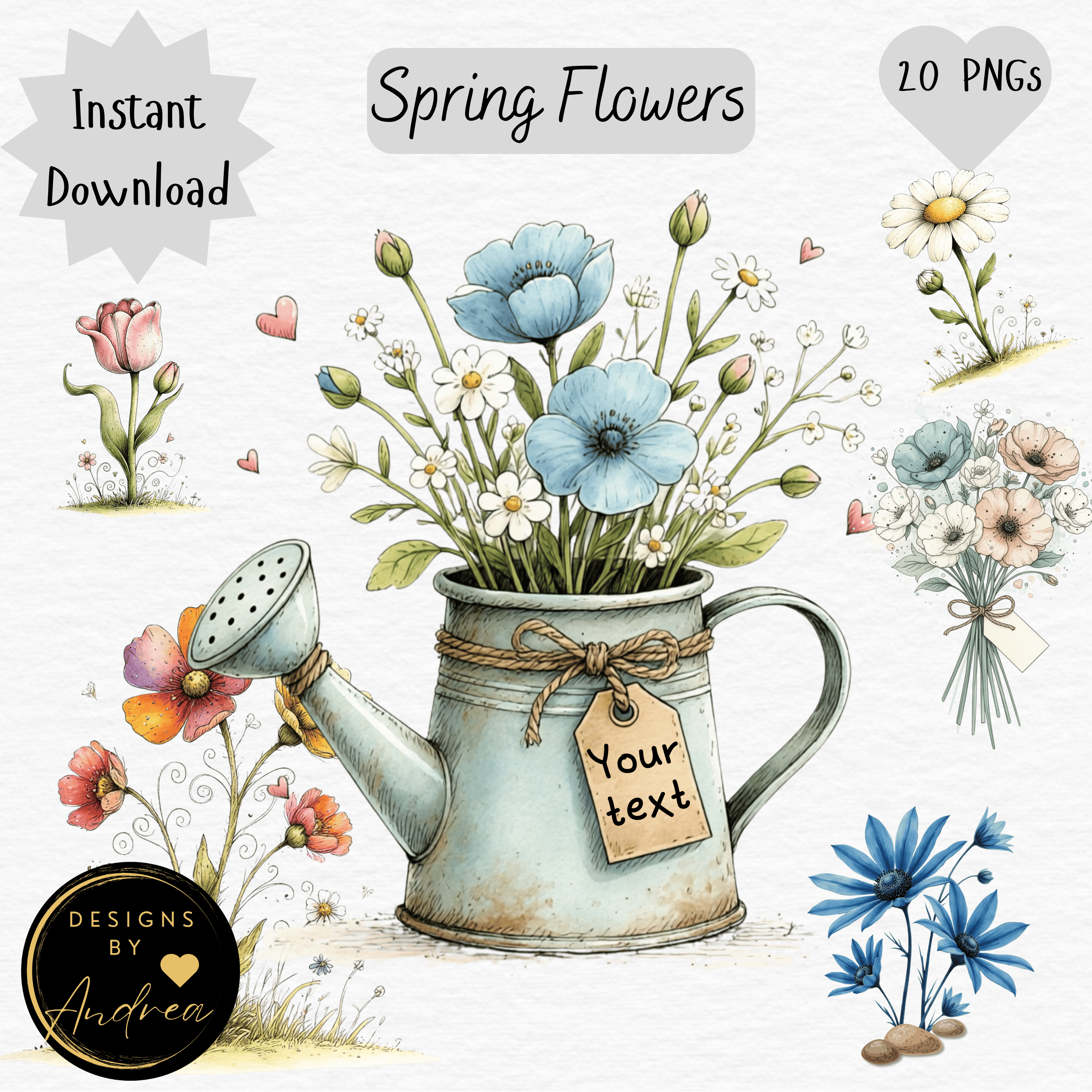 Watercolor Spring Flowers Clipart, Rustic Watering Can (Instant ...