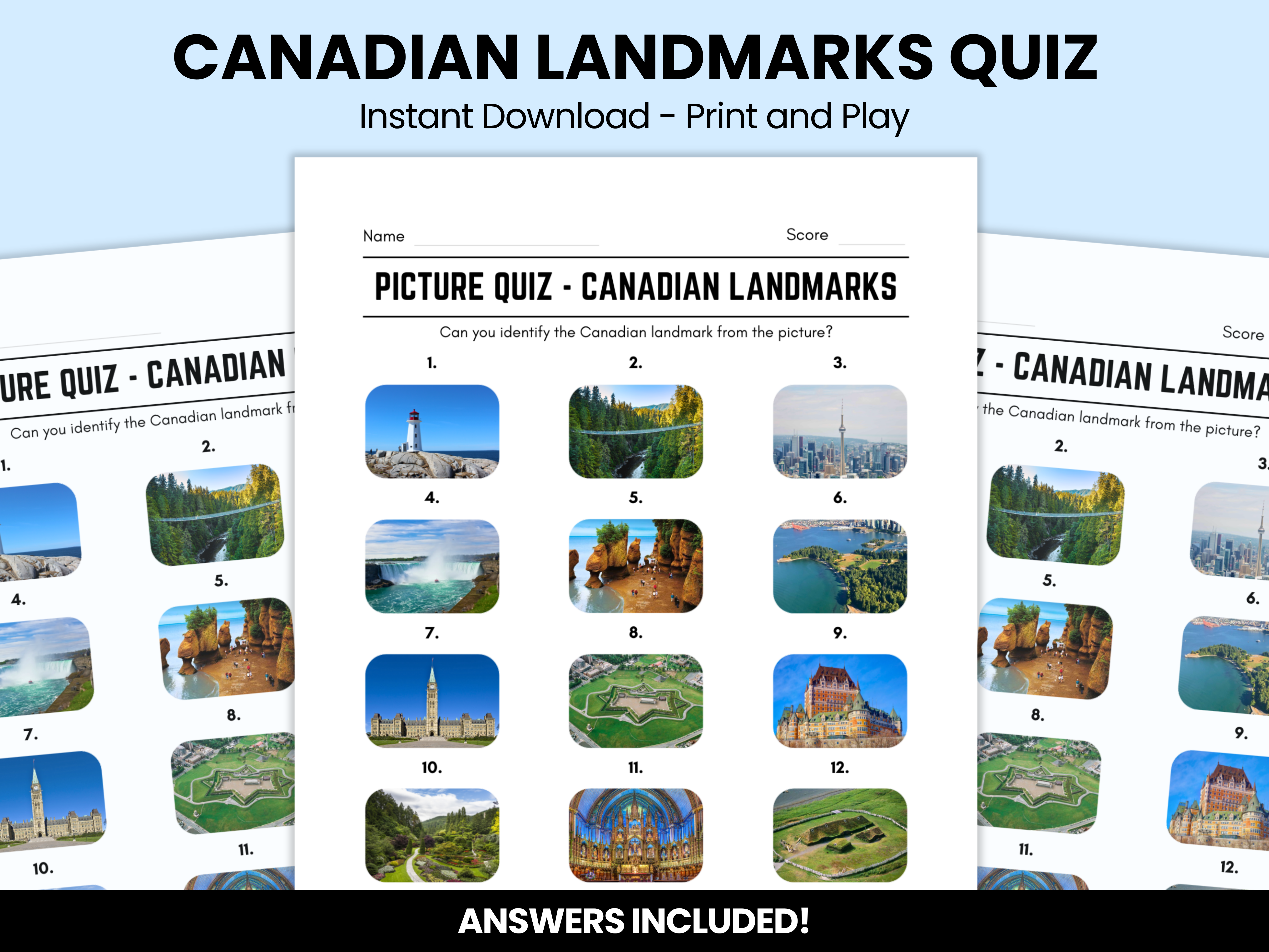 Canadian Landmarks Picture Quiz With Answers – Instant Download
