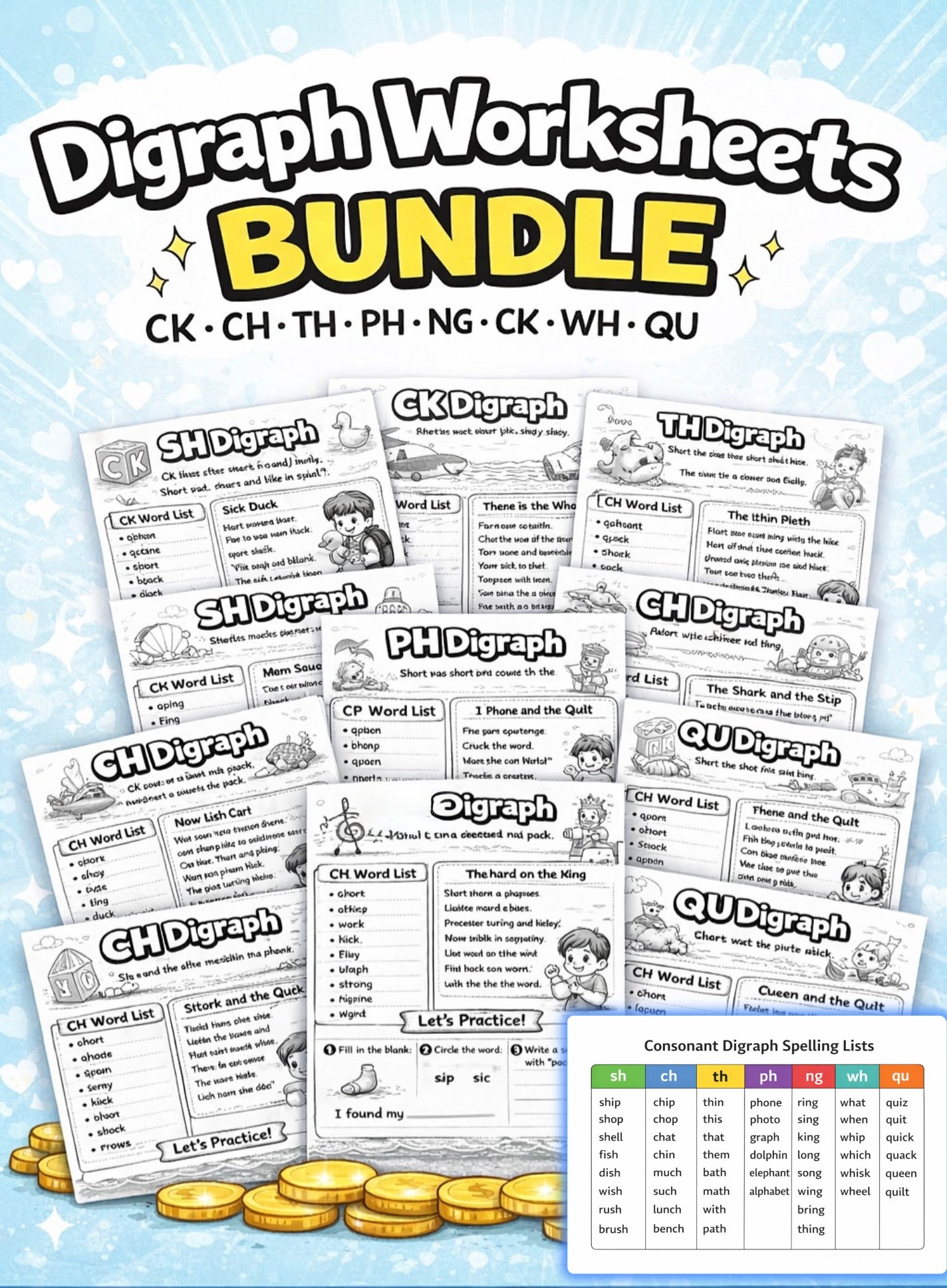 Consonant Digraph Worksheets Bundle | CK SH CH TH PH NG WH QU | Phonics ...