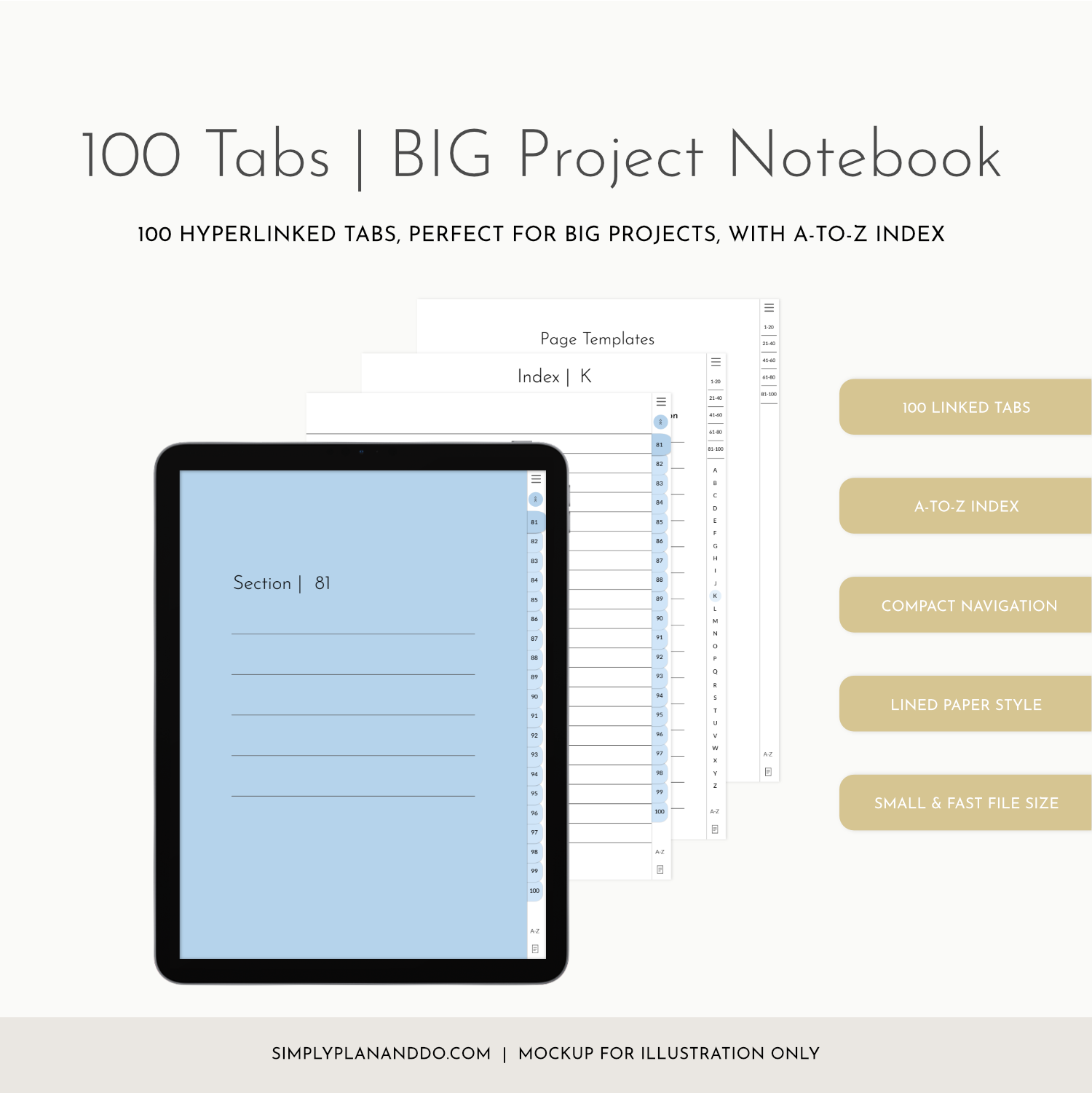 100-Tab Digital Notebook: Blue, Portrait, Lined Pages, A-to-Z Index ...