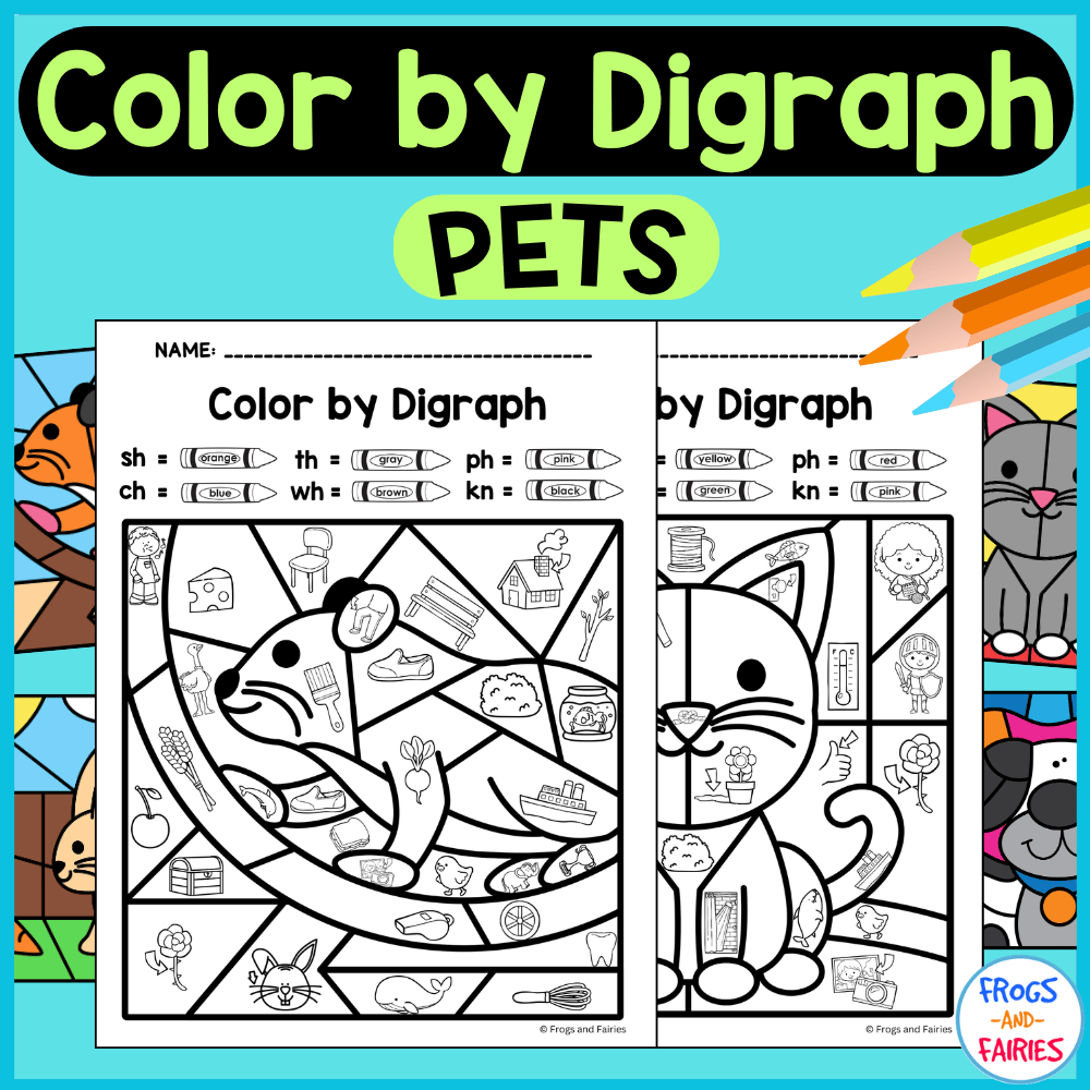 Pet-Themed Digraph Worksheets for Kindergarten & First Grade | Color by ...