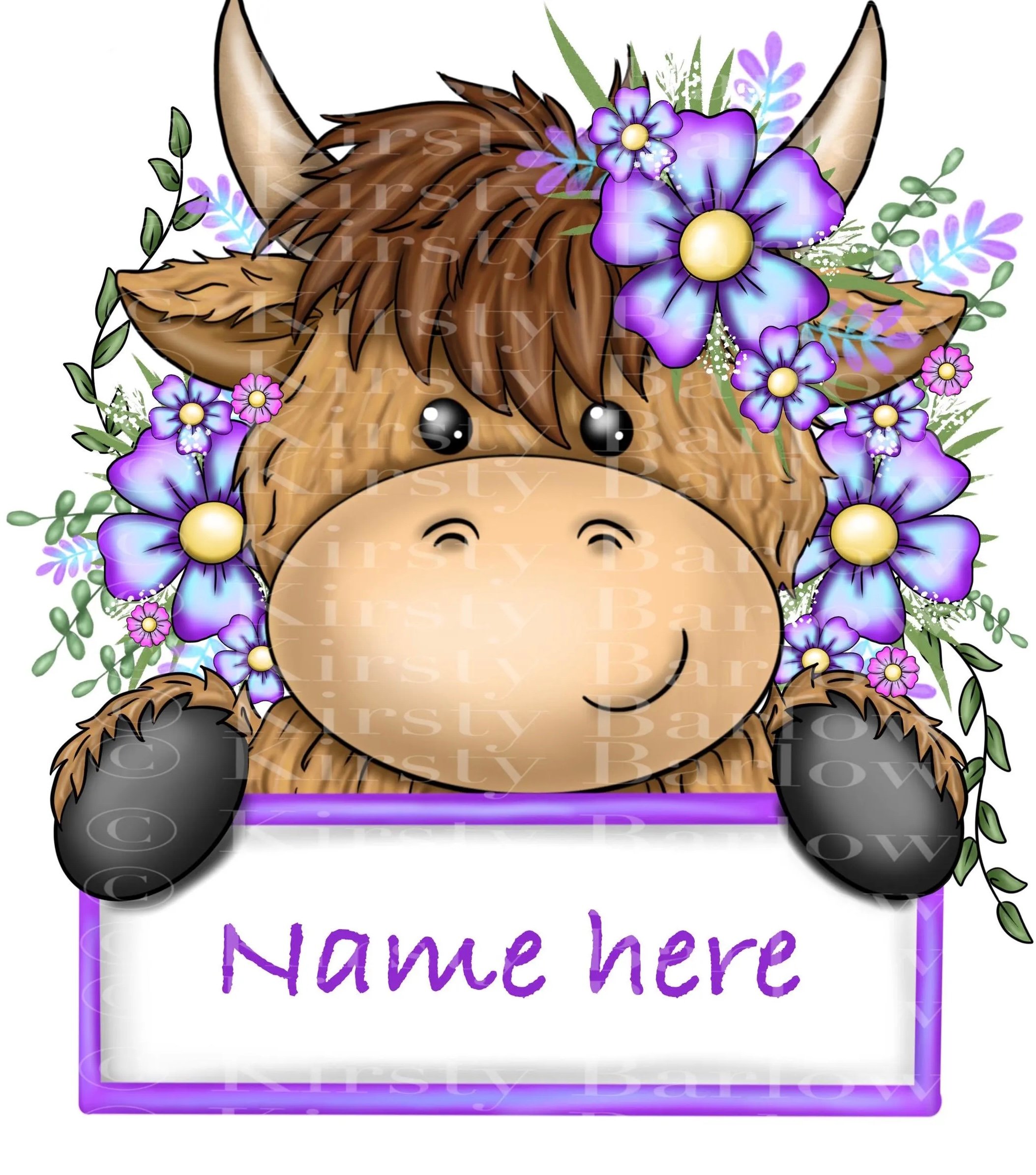Purple floral highland cow name plaque design - Payhip