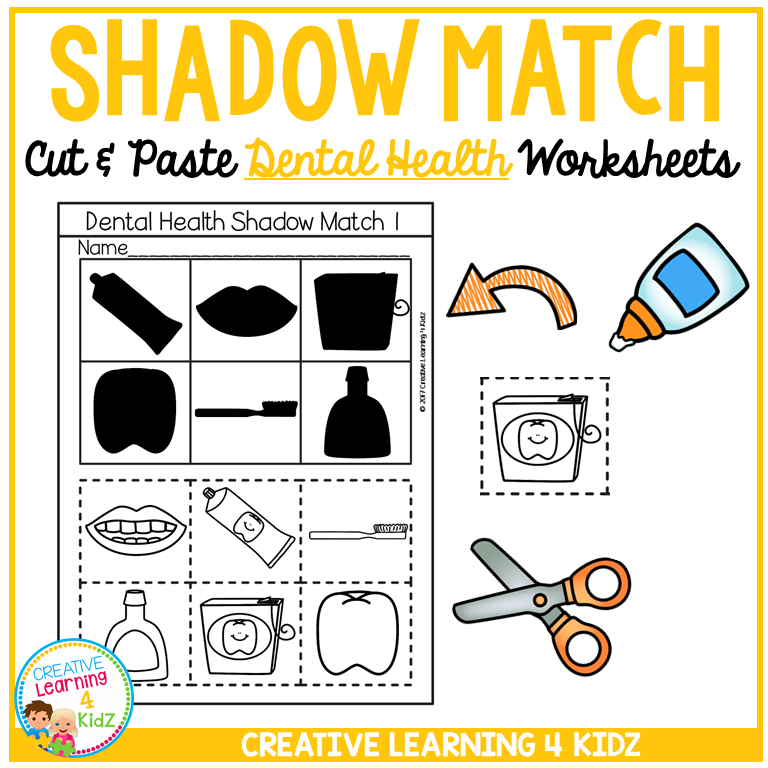 Shadow Matching Dental Heath Cut & Paste Worksheets Kids Visual ...