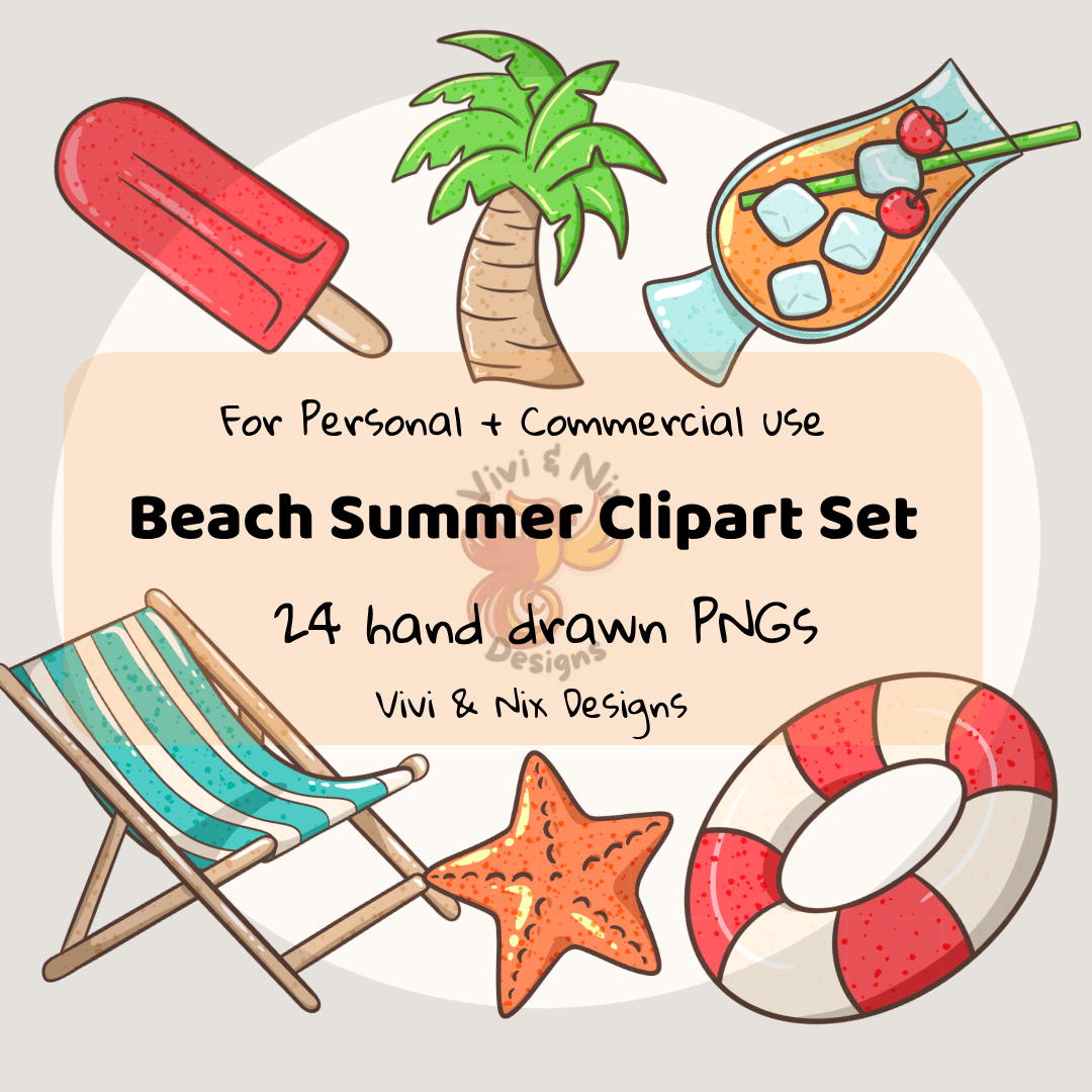 Beach Summer Clipart PNG Set | 24 Hand Drawn Summer Elements ...