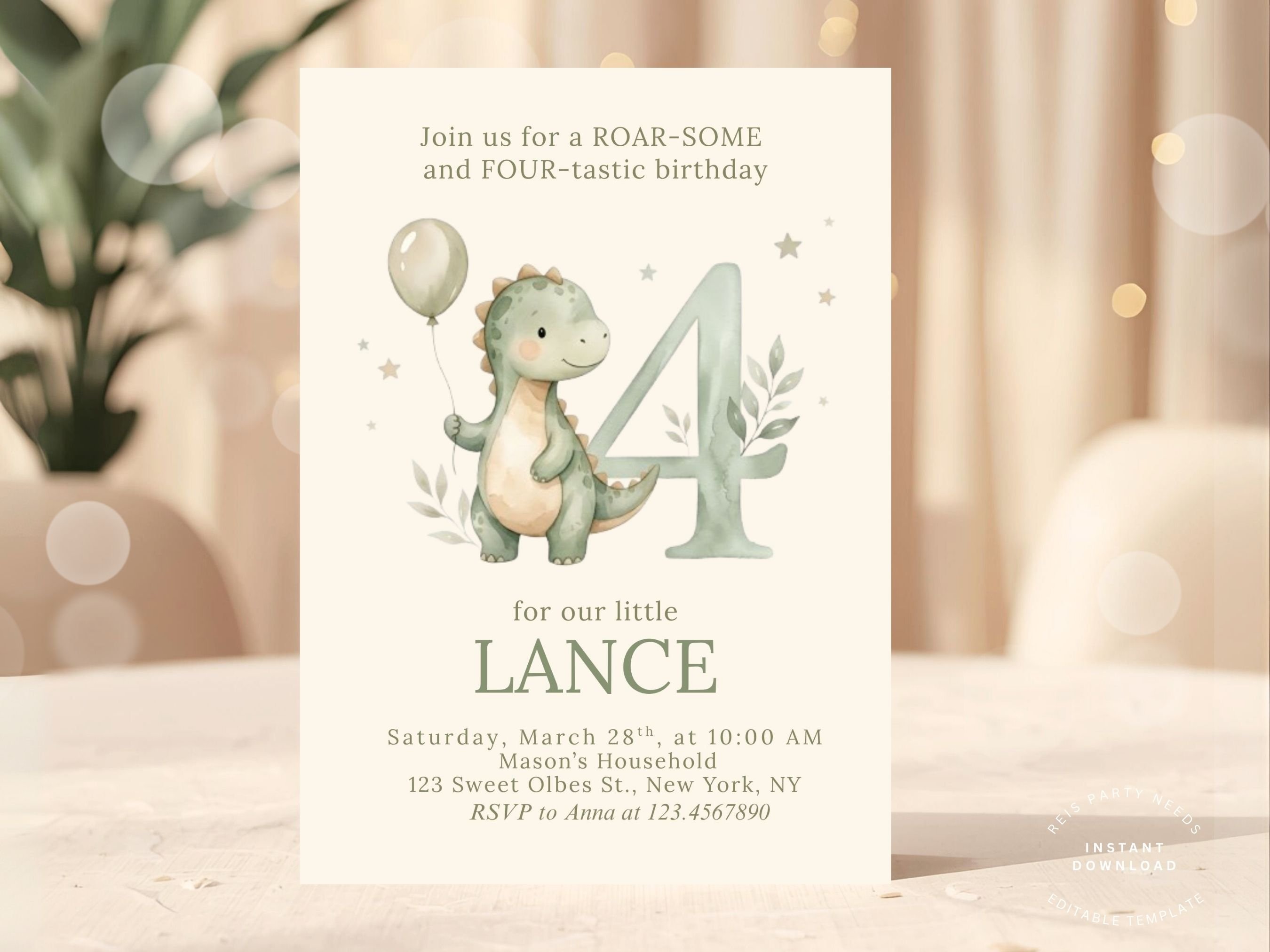 Sage Green Dinosaur 4th Birthday Invitation, Four Tastic Dino Invite ...