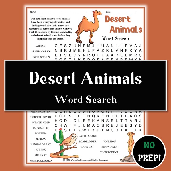 Desert Animals Word Search for Kids Printable PDF | No Prep Activity