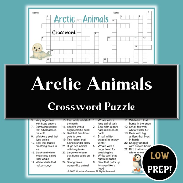 Arctic Animals Crossword Puzzle Printable PDF | Polar Animal Activity