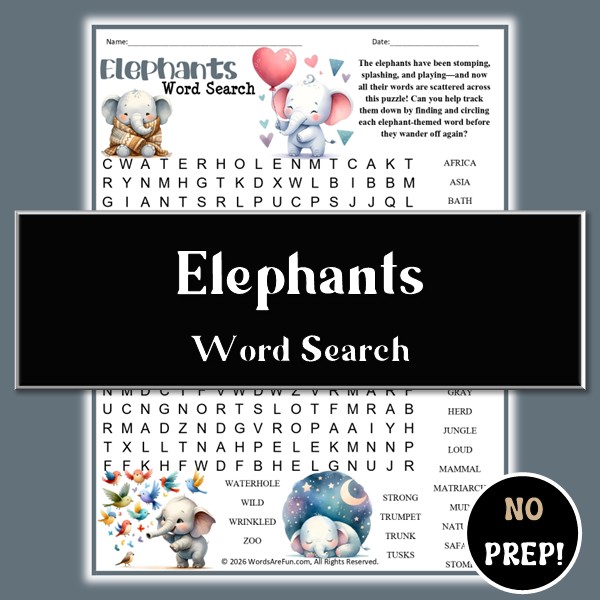 Elephant Word Search Printable PDF | World Elephant Day Activity for Kids