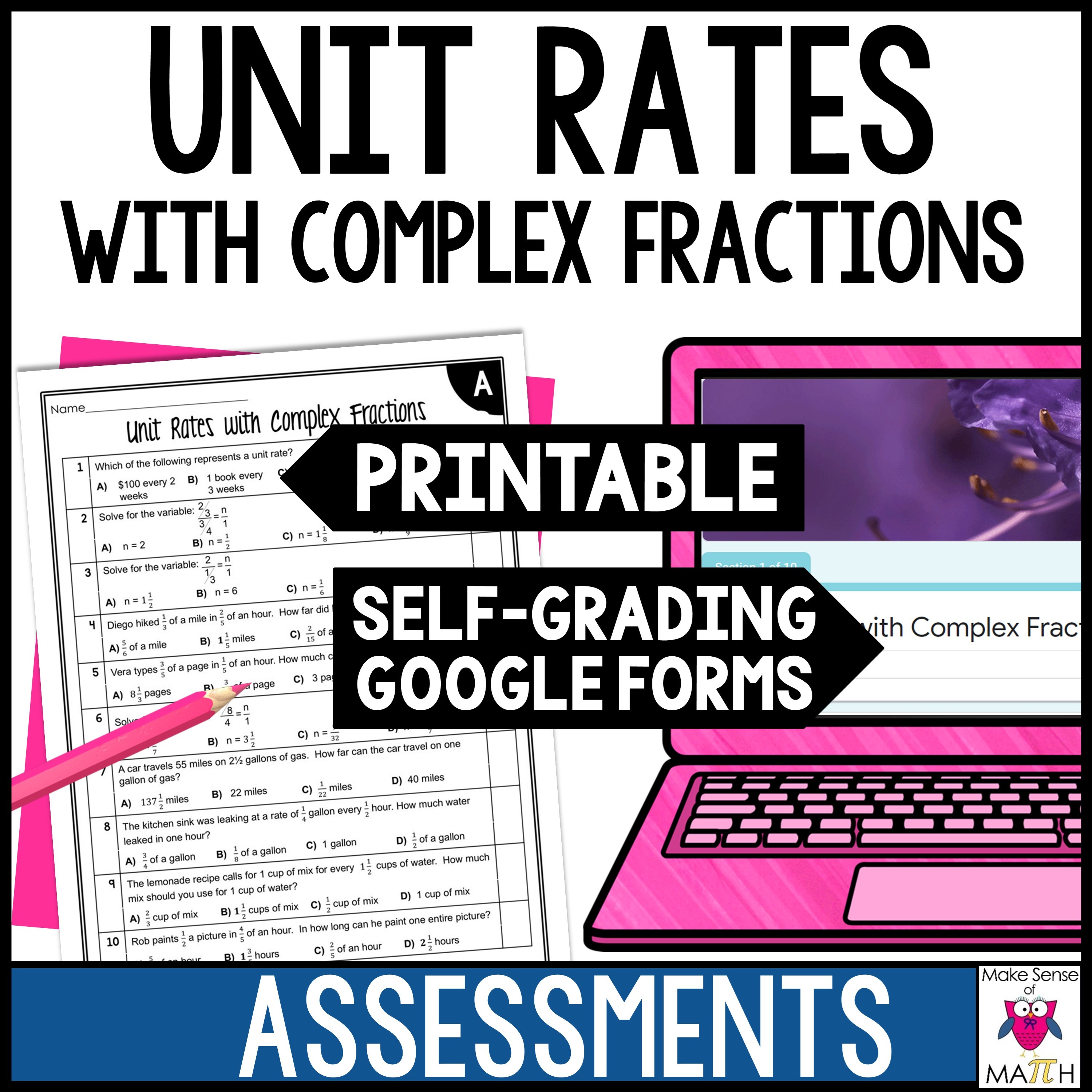 Unit Rates with Complex Fractions Assessments Digital and Printable