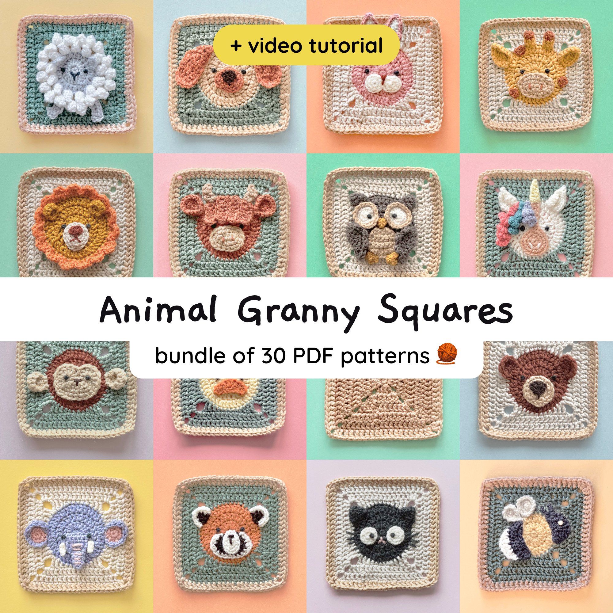 Animal Granny Square Patterns (bundle of 30, incl. video)