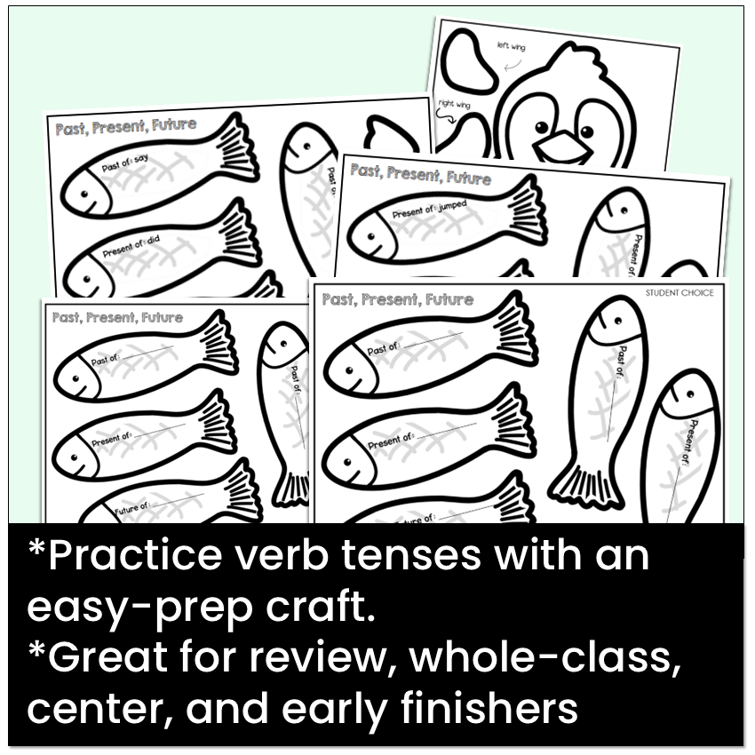 Penguin Verb Tenses Craft, Past, Present, Future Verbs Winter Grammar