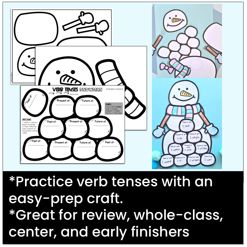 Snowman Verb Tenses Craft, Past, Present, Future Winter Grammar Activity