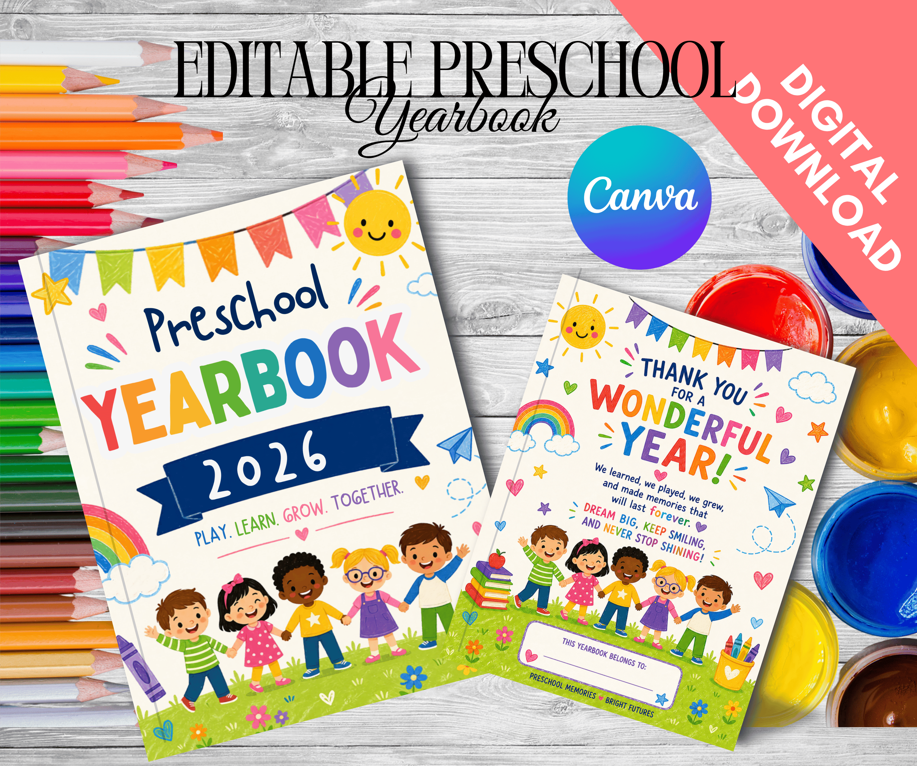 Editable Preschool Yearbook Template Canva | 6 Page Kids Memory Book ...