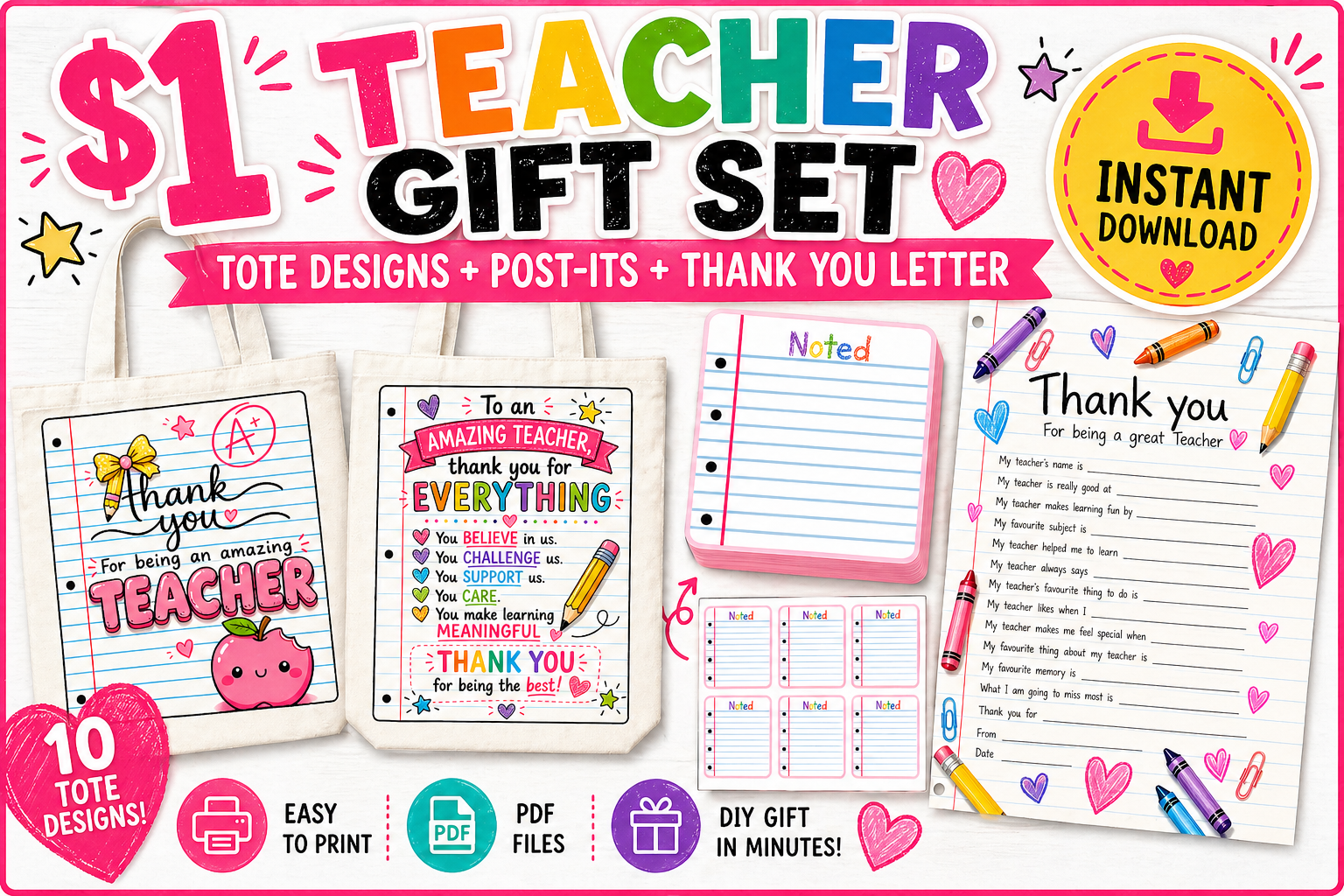 $1 Teacher Appreciation Bundle – Notebook Tote Designs, Printable Post ...