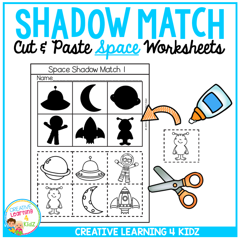 Space Shadow Matching Cut & Paste Worksheets Visual Discrimination for Kids