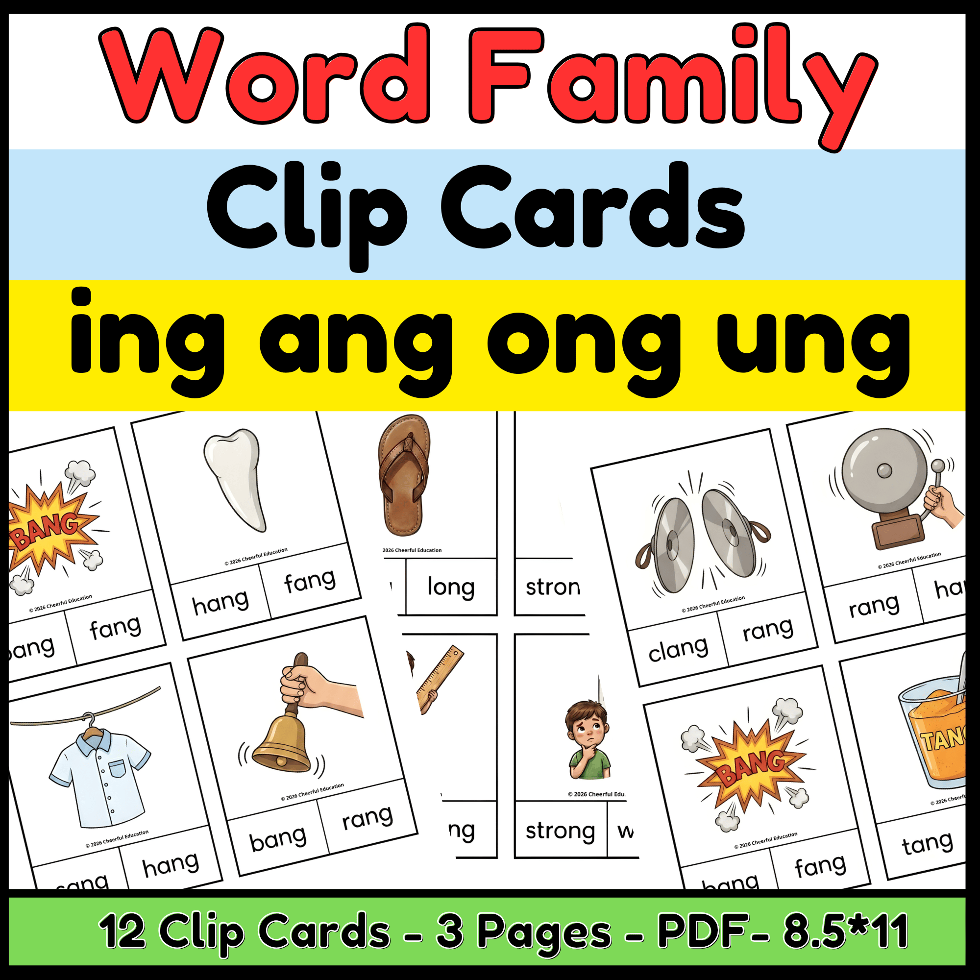 Word Family Clip Cards ing ang ong ung Phonemic Awareness & Decoding K ...