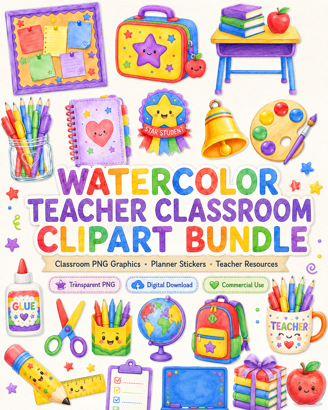 Watercolor Teacher Clipart Bundle, School Supplies PNG, Classroom Clip ...