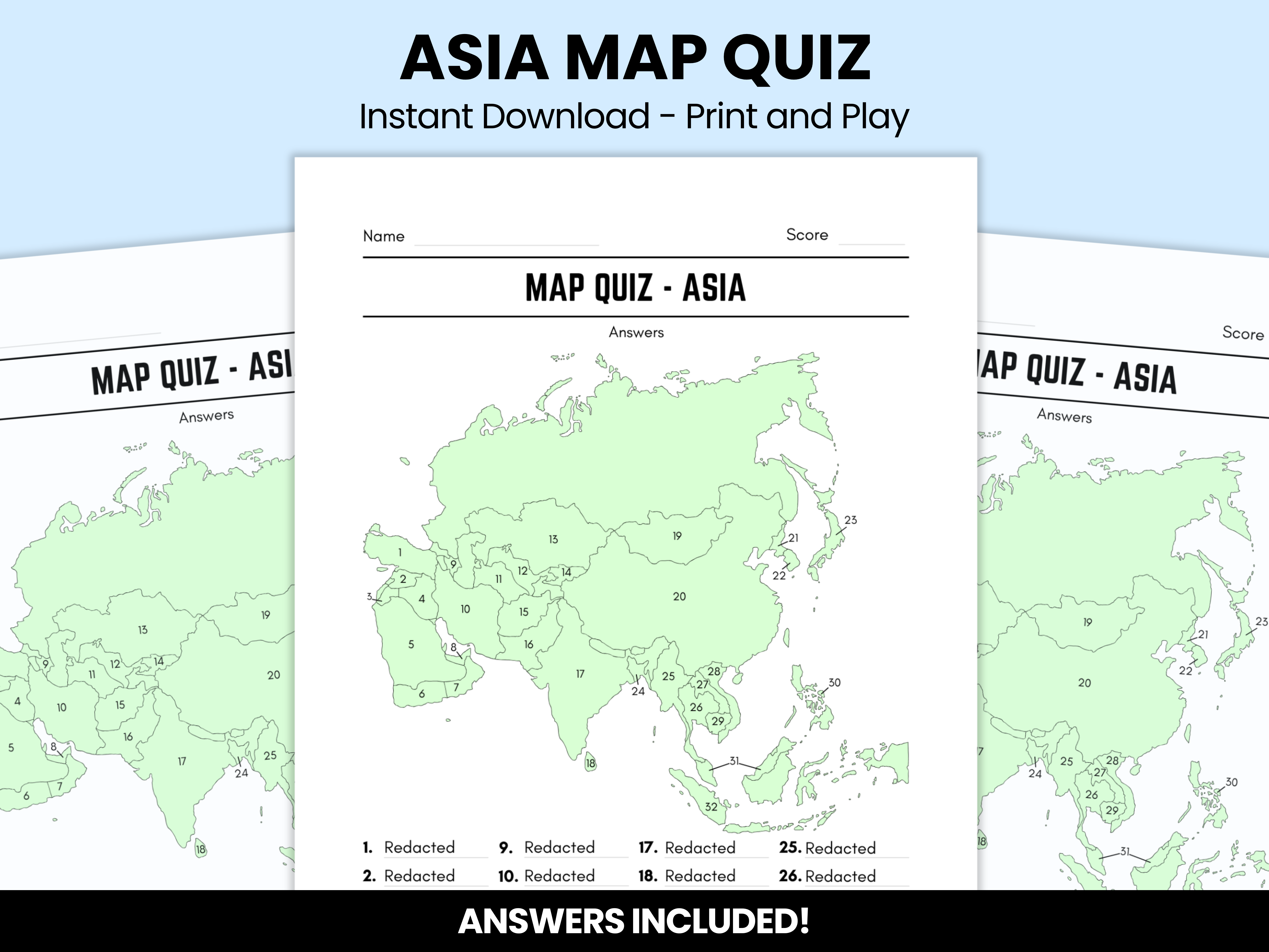 Asia Map Quiz With Answers – Instant Download