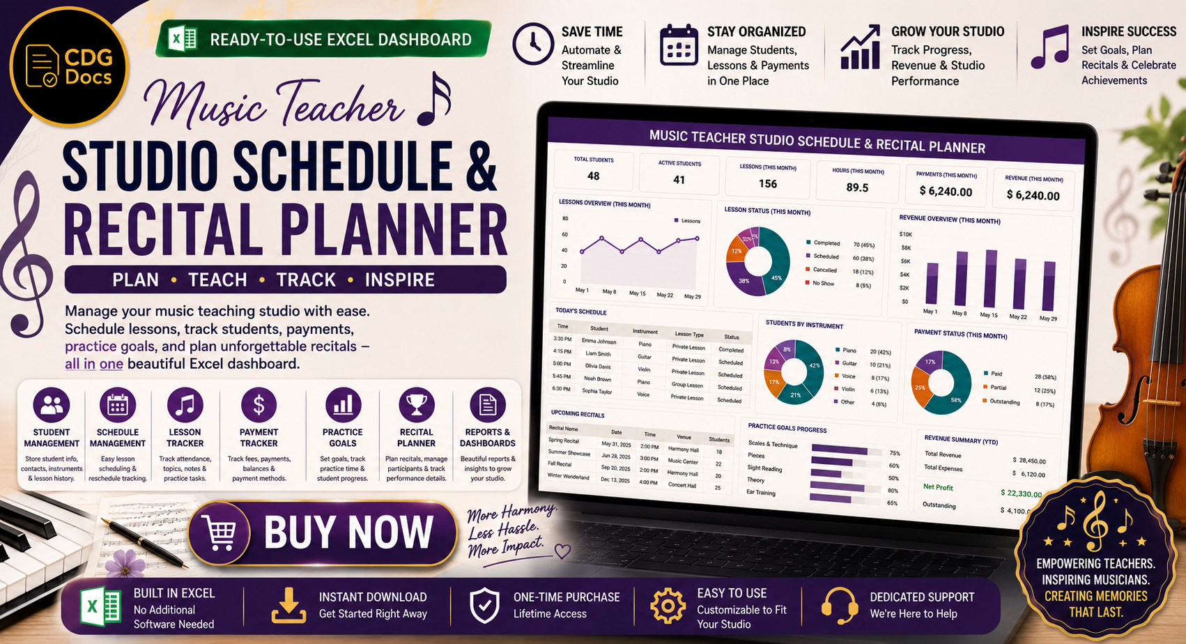 Music Teacher Spreadsheet | Studio Schedule Tracker | Recital Planner ...
