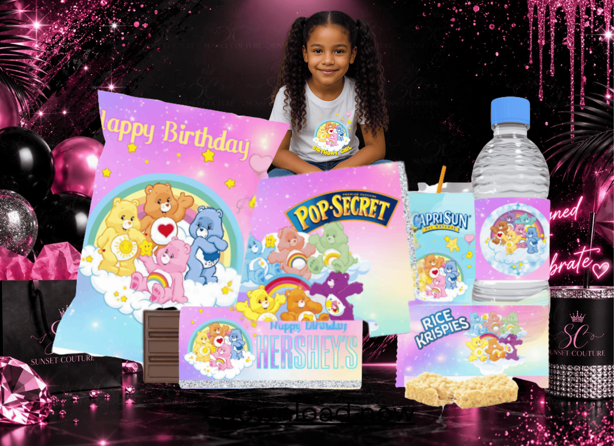 Rainbow Care Bear Inspired Party Favor Bundle | Editable Birthday Treat ...