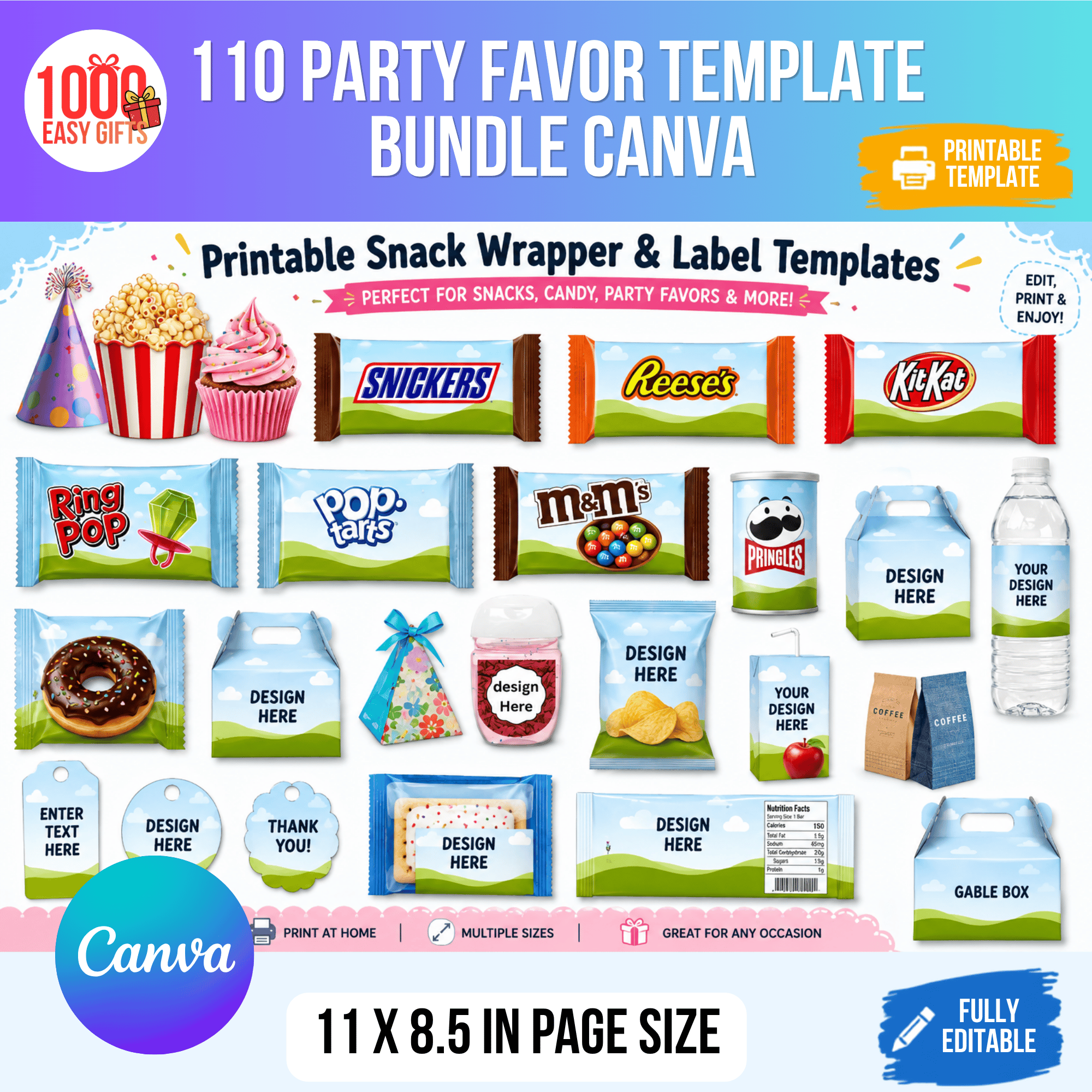110 Party Favor Template Bundle Canva, Snack Wrapper Bundle, Candy Bar ...