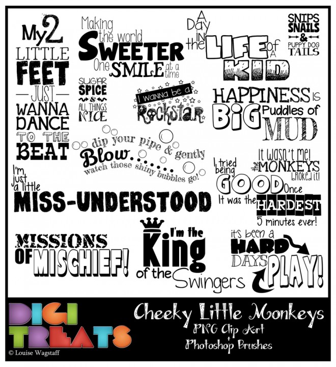 Kids Word Art, Cheeky Little Monkey PNG Clip Art + Photoshop Brush Set